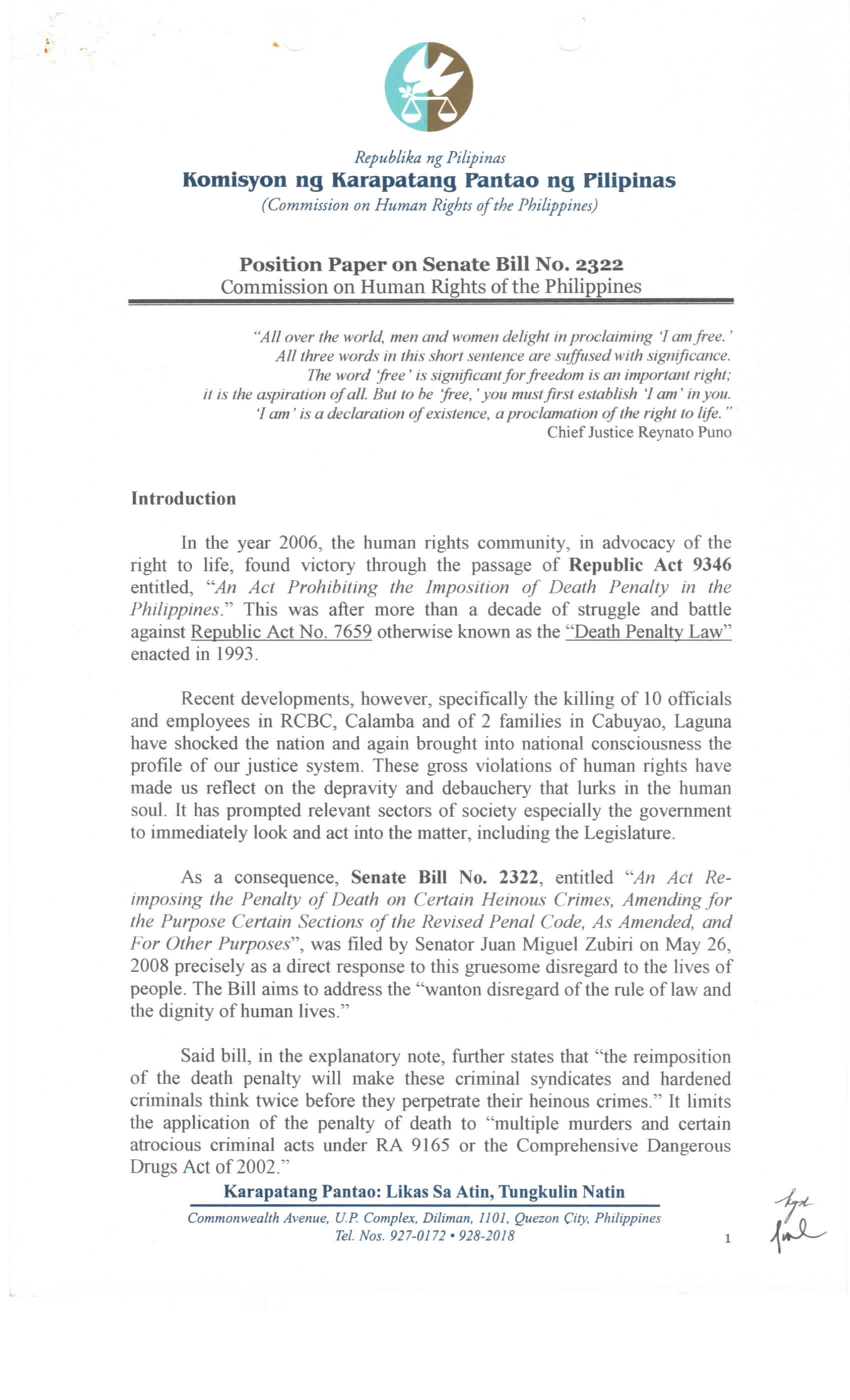 Position Paper An Act Prohibiting the Imposition of Death Penalty in ...