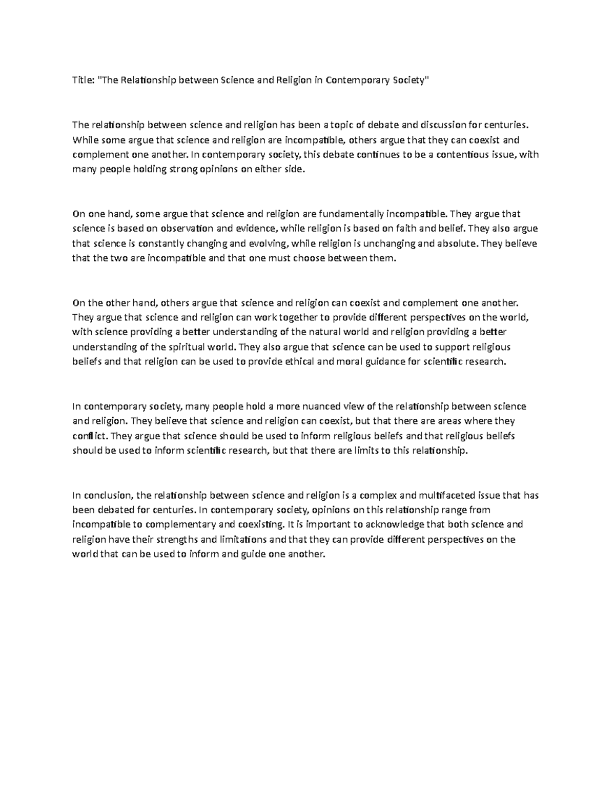 The Relationship between Science and Religion in Contemporary Society ...