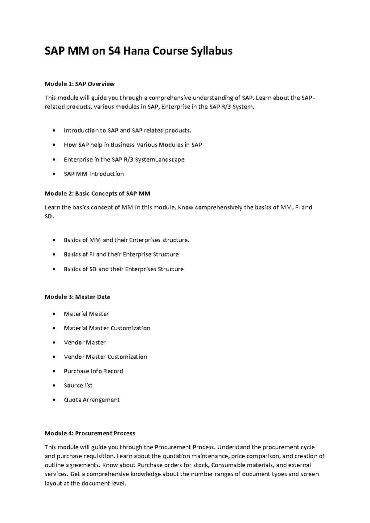 SAP MM on S4 Hana Course syllabus - SAP MM on S4 Hana Course Syllabus ...