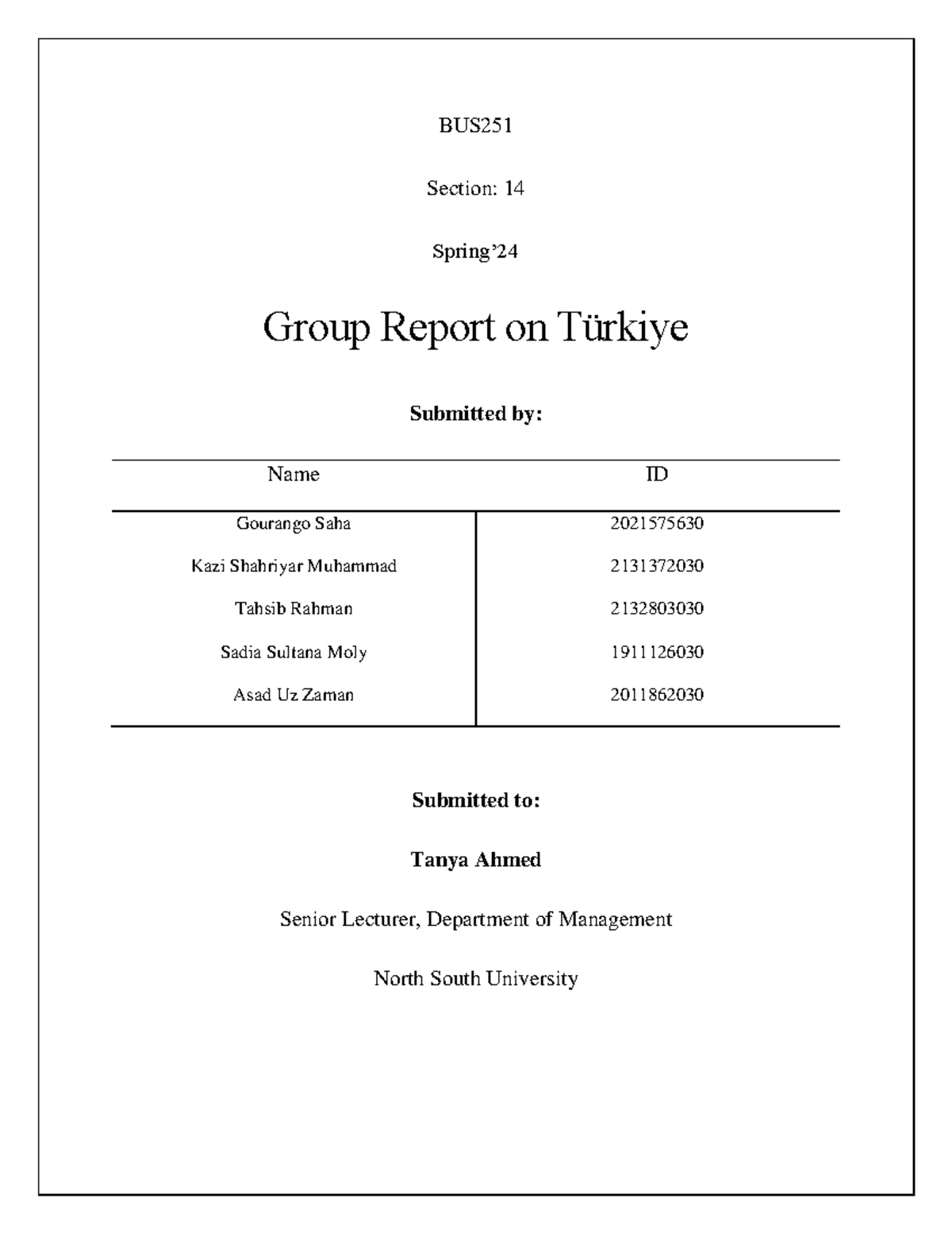 BUS251 FINAL REPORT (TURKIYE) - BUS Section: 14 Spring’ Group Report on Türkiye Submitted by ...