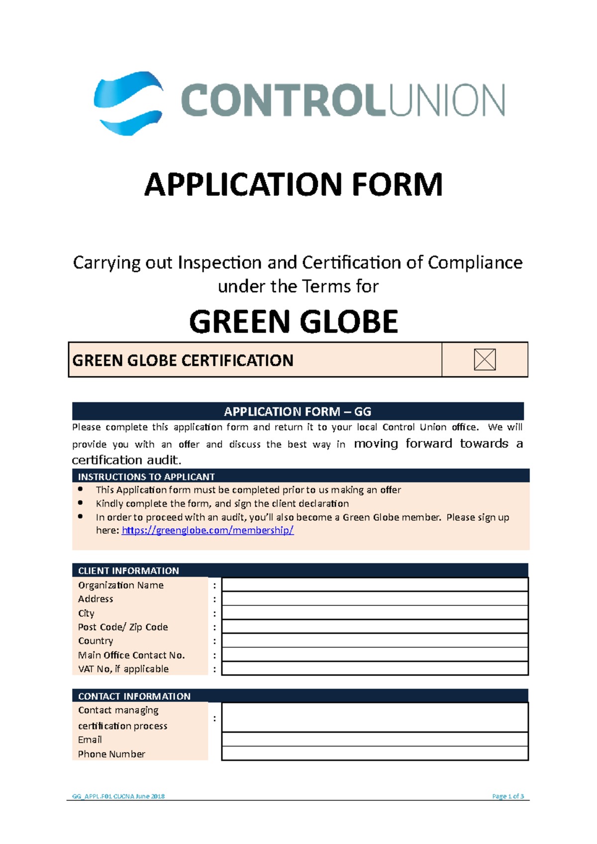 Green globe appl f01 - APPLICATION FORM Carrying out Inspection and ...