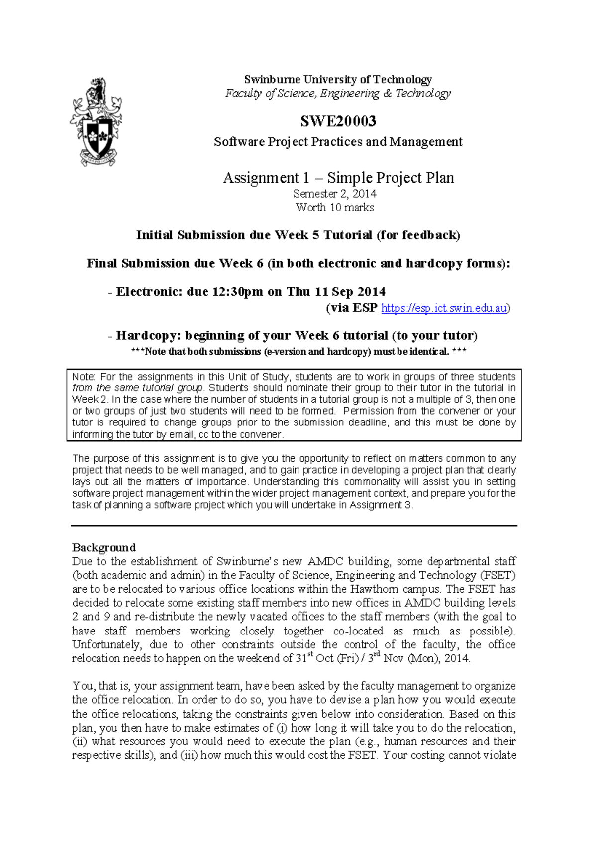 SWE2000 3 2014 S2 A1-Planning - Swinburne University of Technology ...