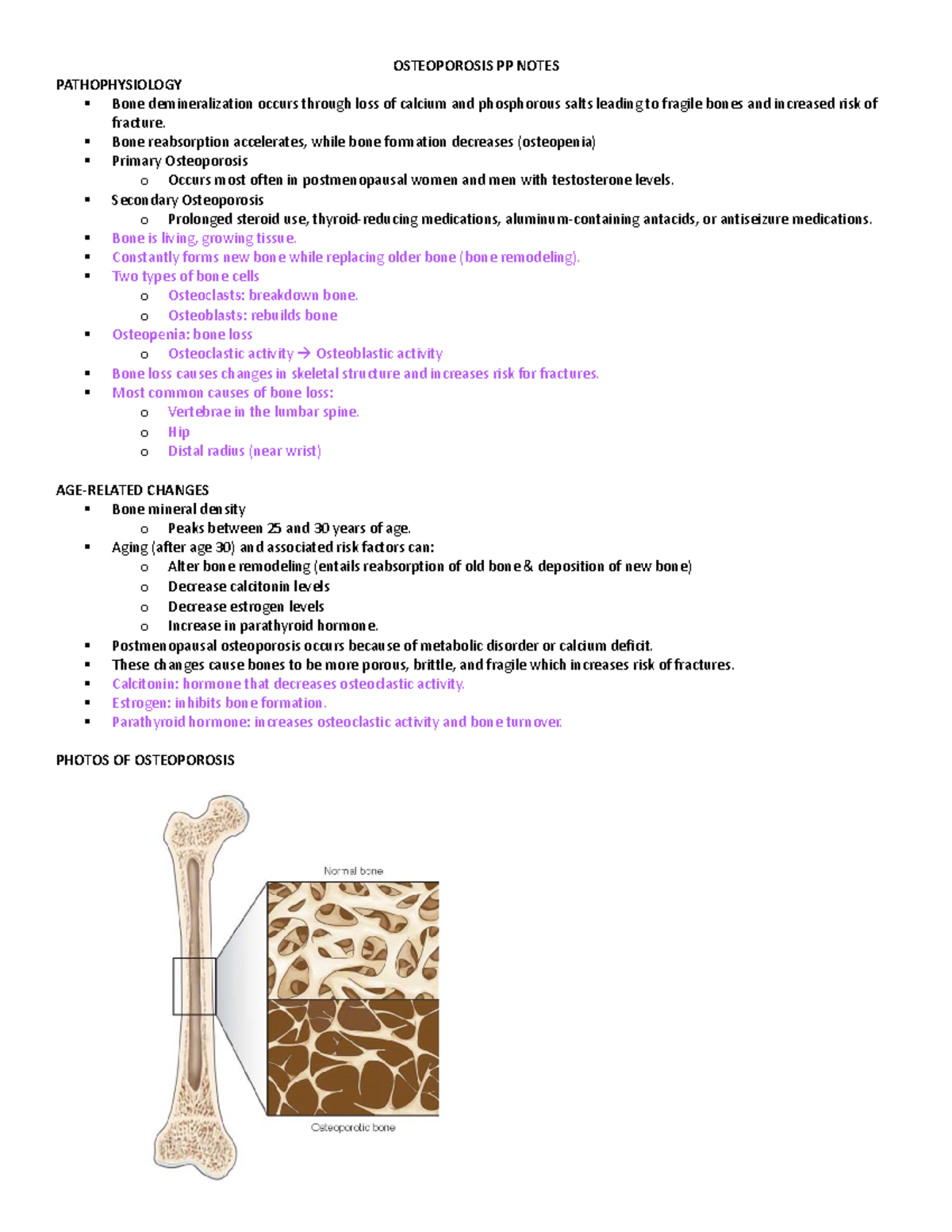 Osteoporosis PP Notes - OSTEOPOROSIS PP NOTES PATHOPHYSIOLOGY Bone ...