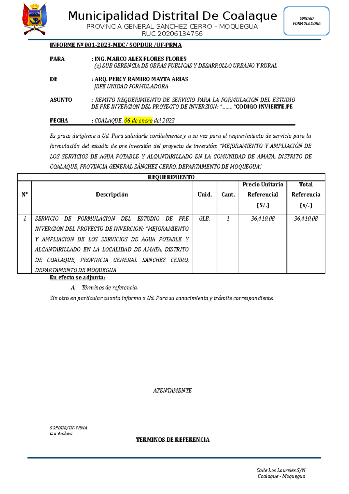 Modelo DE Requerimiento DE Servicio - INFORME Nº 001-2023-MDC/ SOPDUR ...
