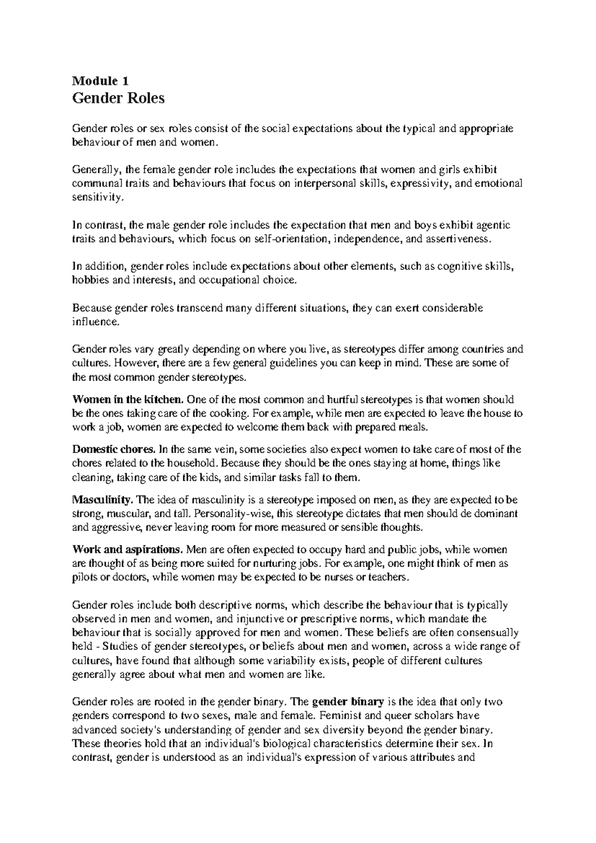 Gender roles - notes - Module 1 Gender Roles Gender roles or sex roles ...