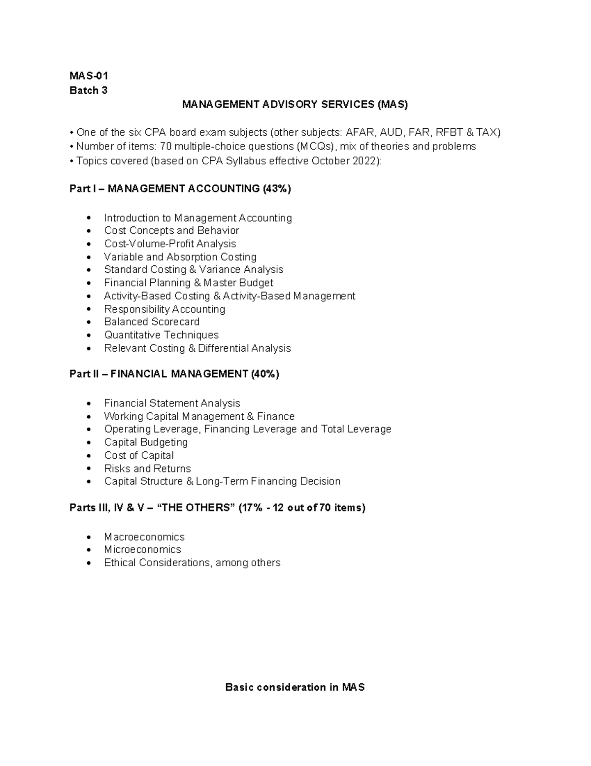 Module 1 DLSU F2F - Intro to Management Acctg (Answer) - MAS- Batch 3 MANAGEMENT ADVISORY ...