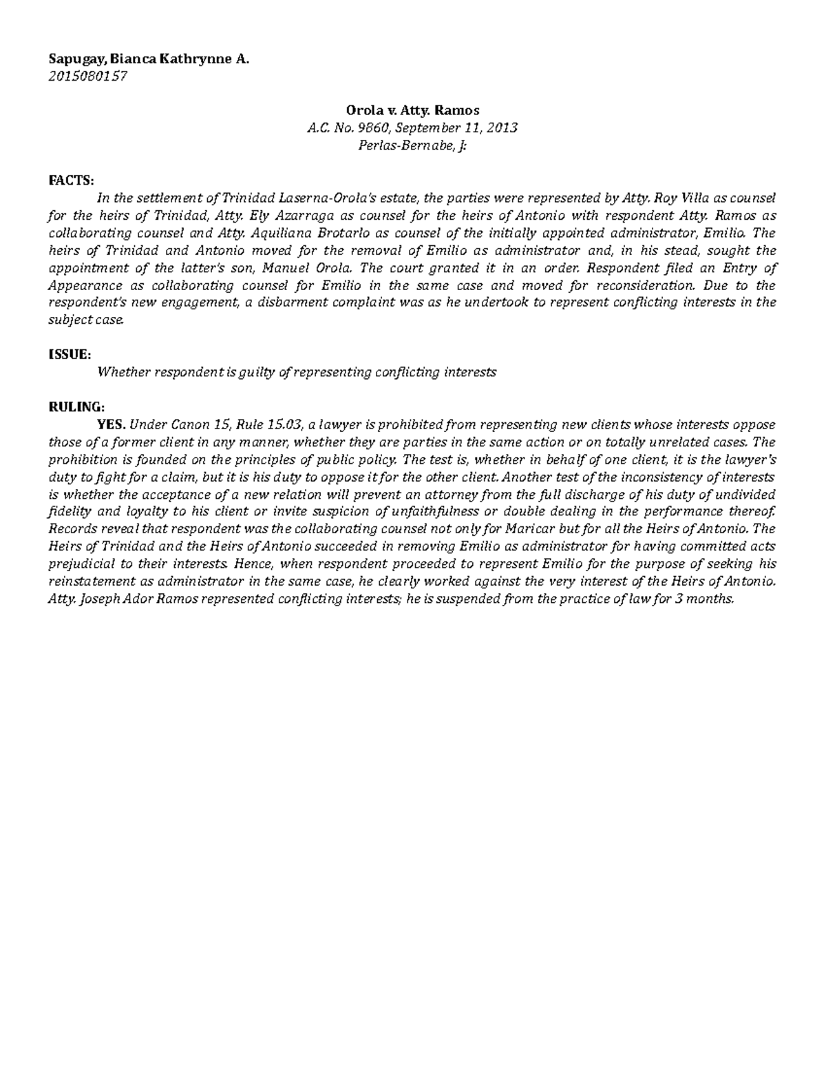 Orola v. Atty. Ramos - Sapugay, Bianca Kathrynne A. 2015080157 Orola v ...