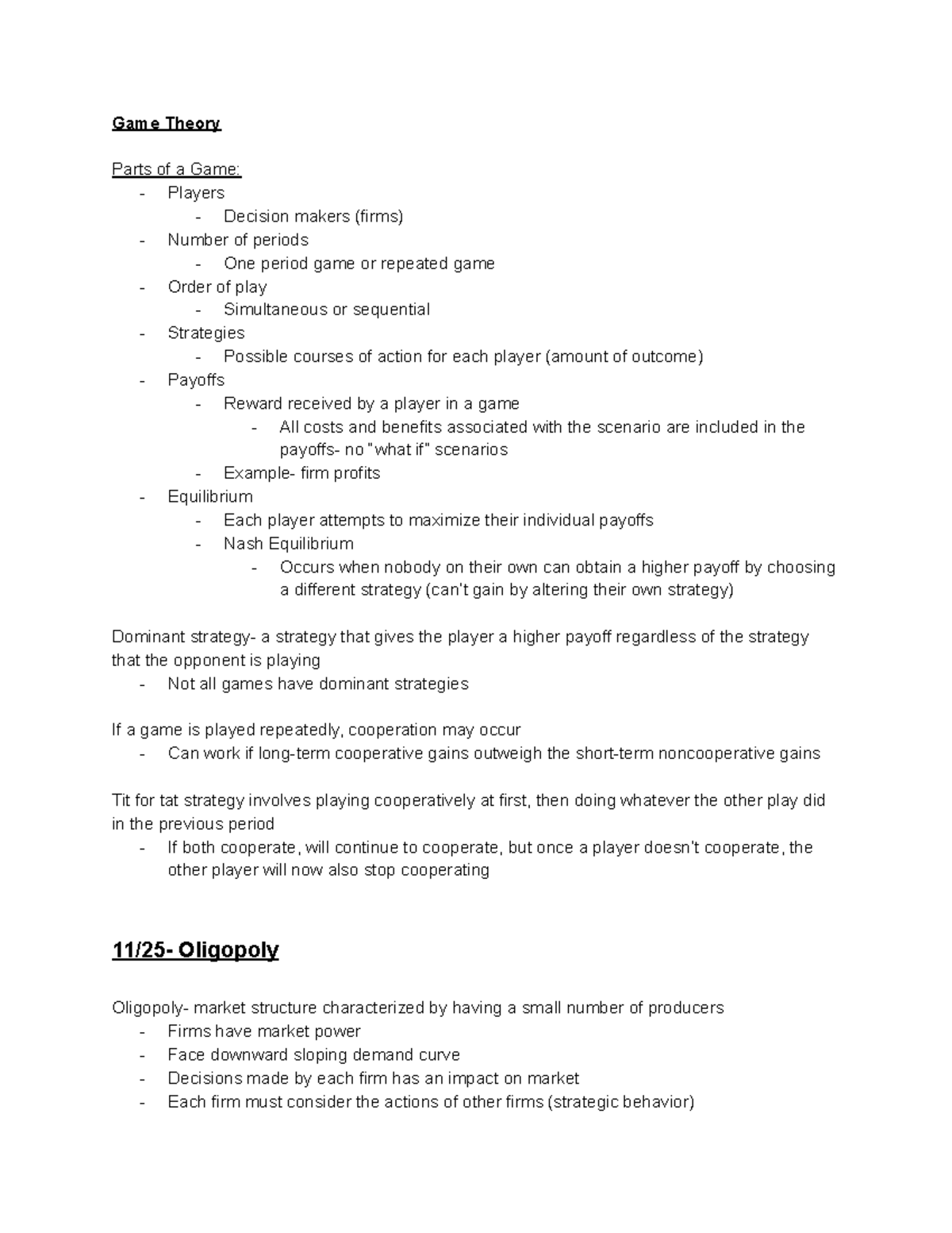 6 Econ 101 Notes for Midterm #3 - Game Theory Parts of a Game ...