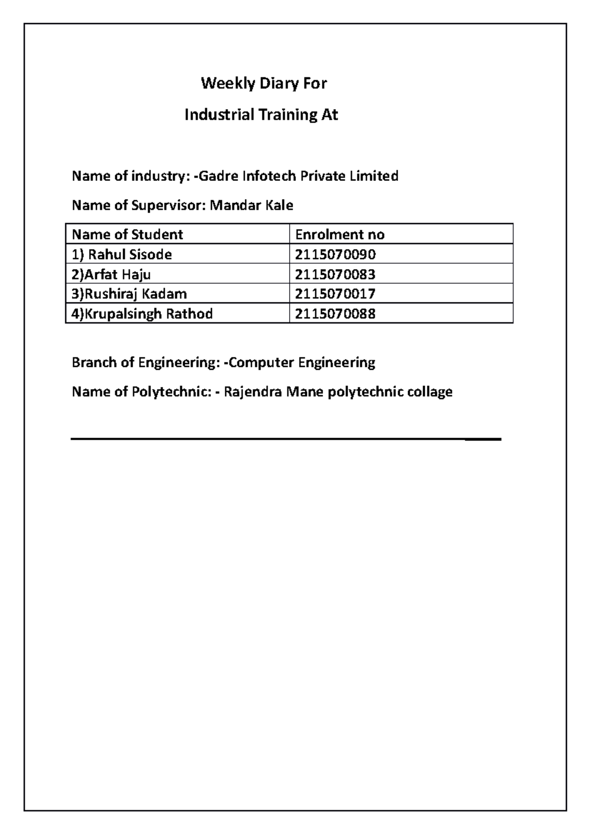 Weekly diary - WDWQD - Weekly Diary For Industrial Training At Name of ...