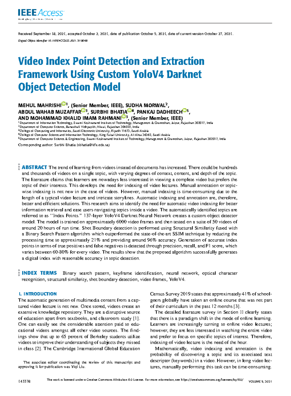 Video Index Point Detection And Extraction Framework Using Custom Yolo