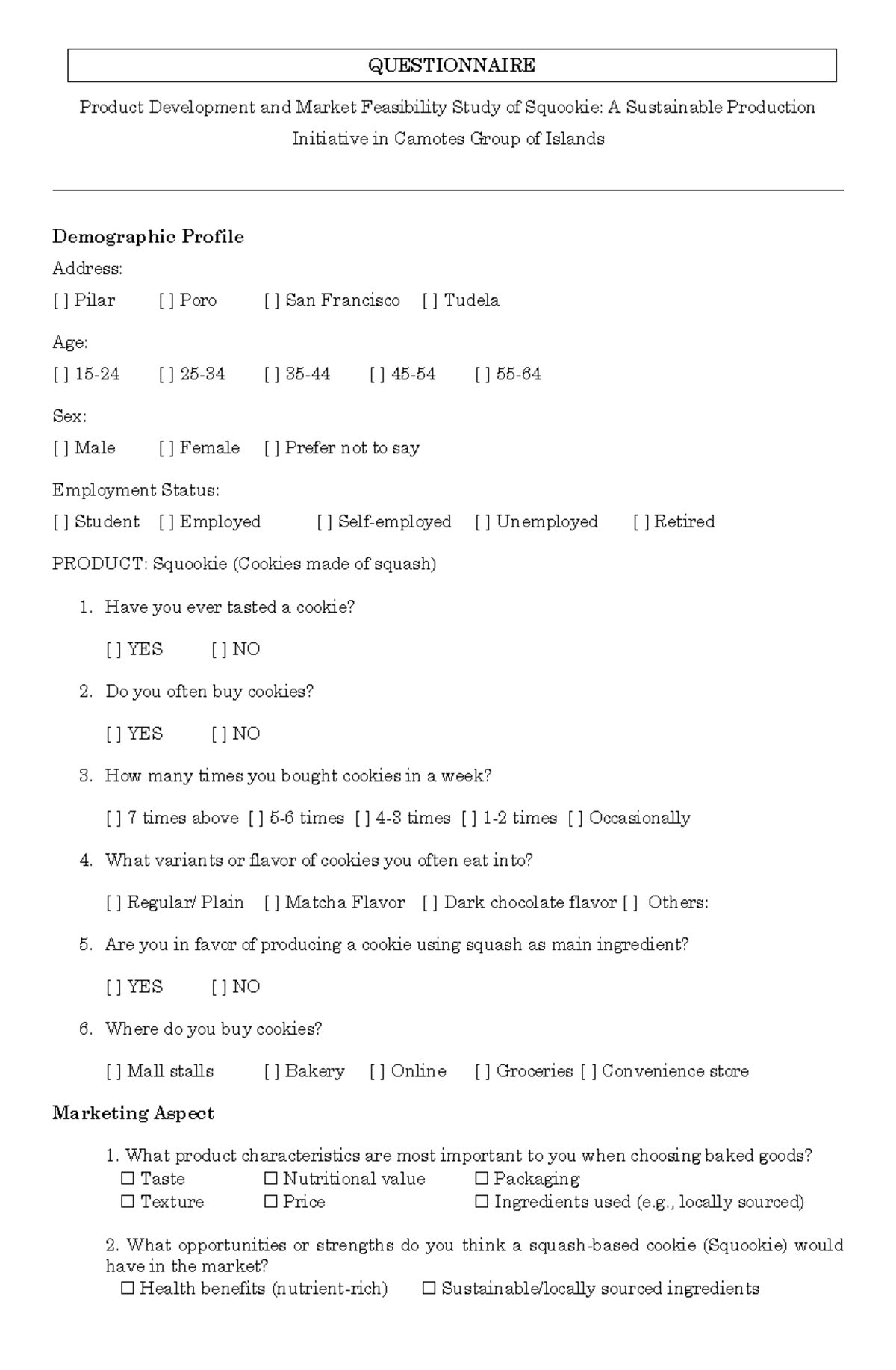 Questionnaire-Squookie - Product Development and Market Feasibility ...