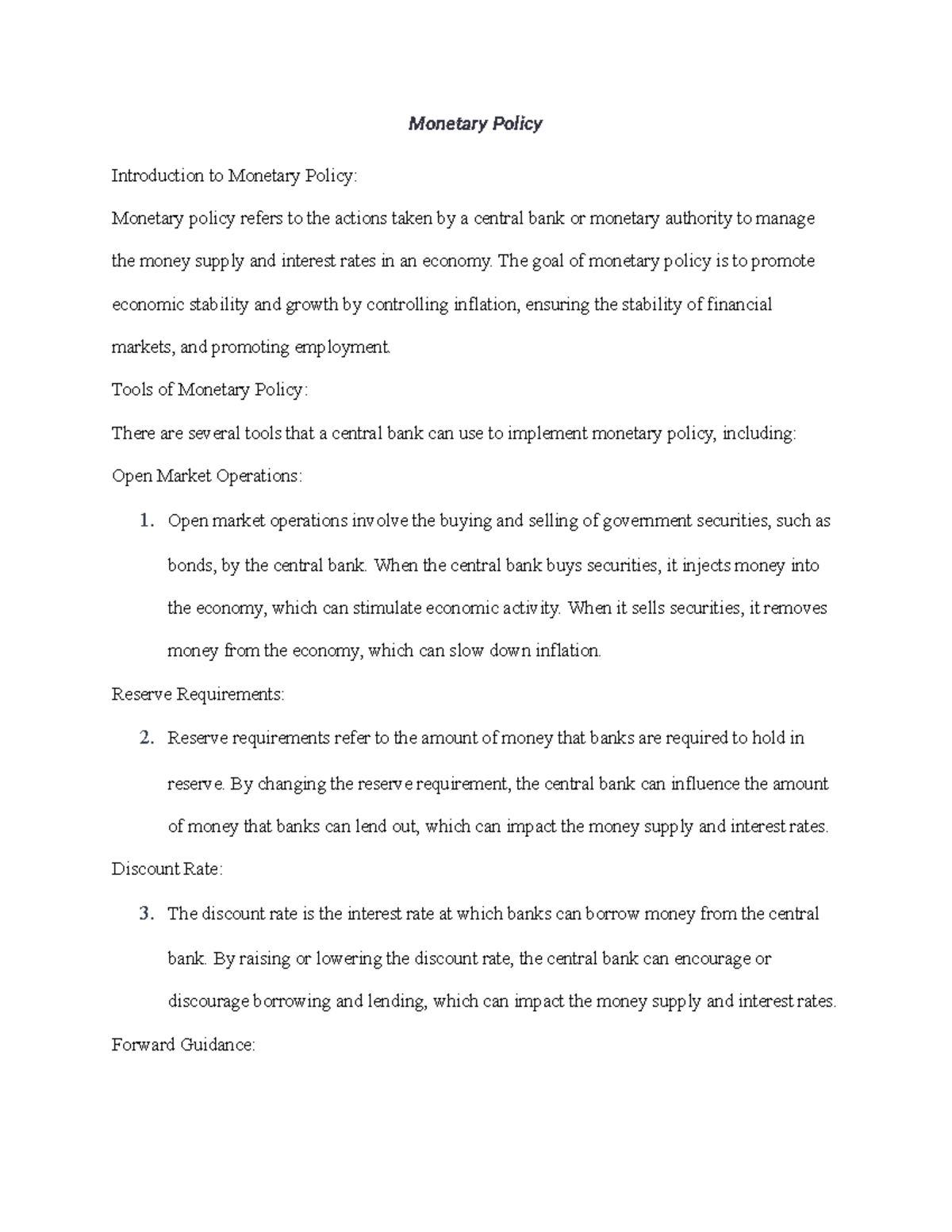 Notes on Monetary Policy - Monetary Policy Introduction to Monetary ...