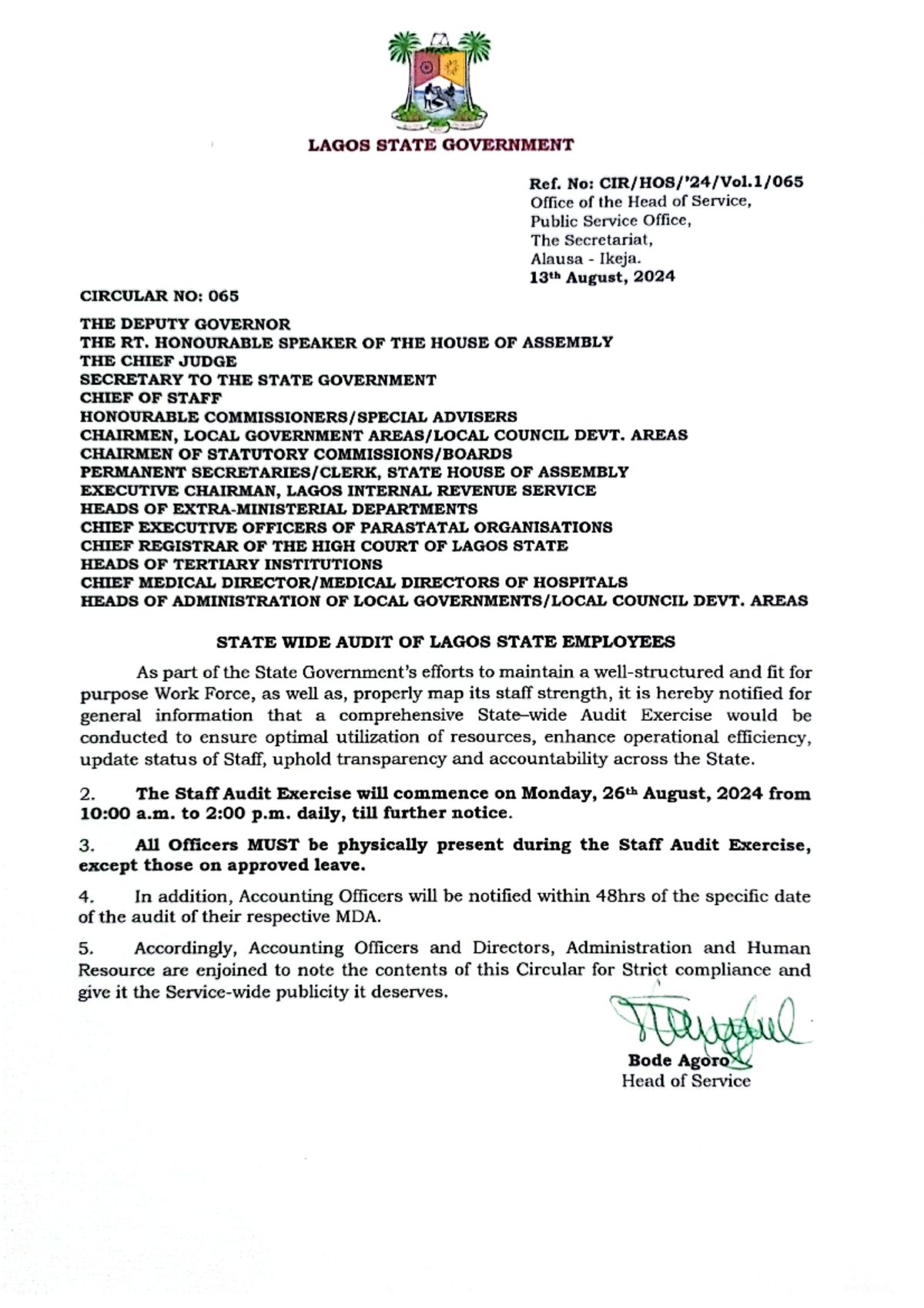 State WIDE Audit OF Lagos State Employees - LAGOS STATE GOVERNMENT Ref ...