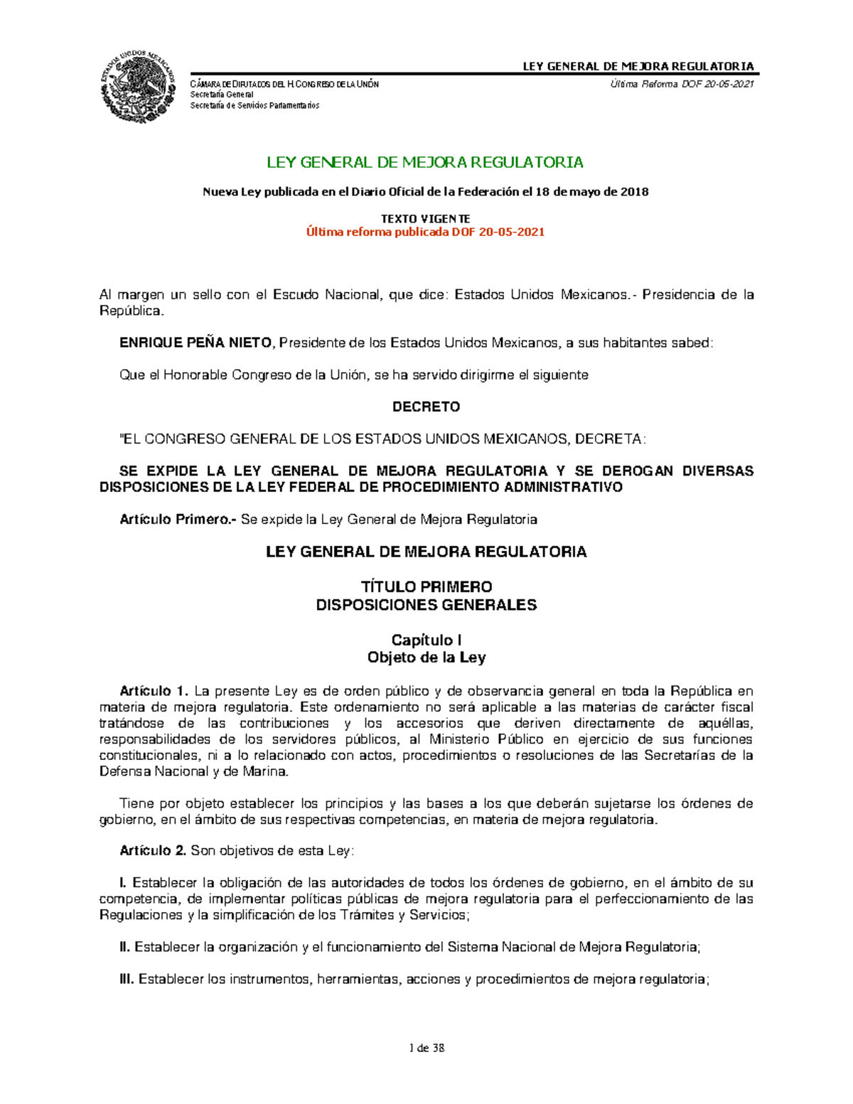 LGMR 2005 21 - Ley de Mejora Regulatoria - C¡MARA DE DIPUTADOS DEL H. CONGRESO DE LA UNI”N - Studocu