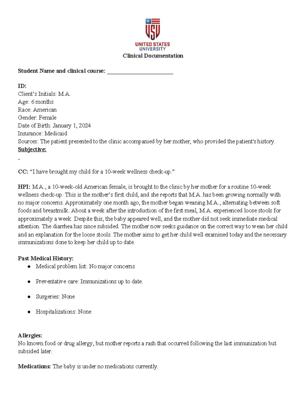 Infant wellness SOAP note - Clinical Documentation Student Name and ...