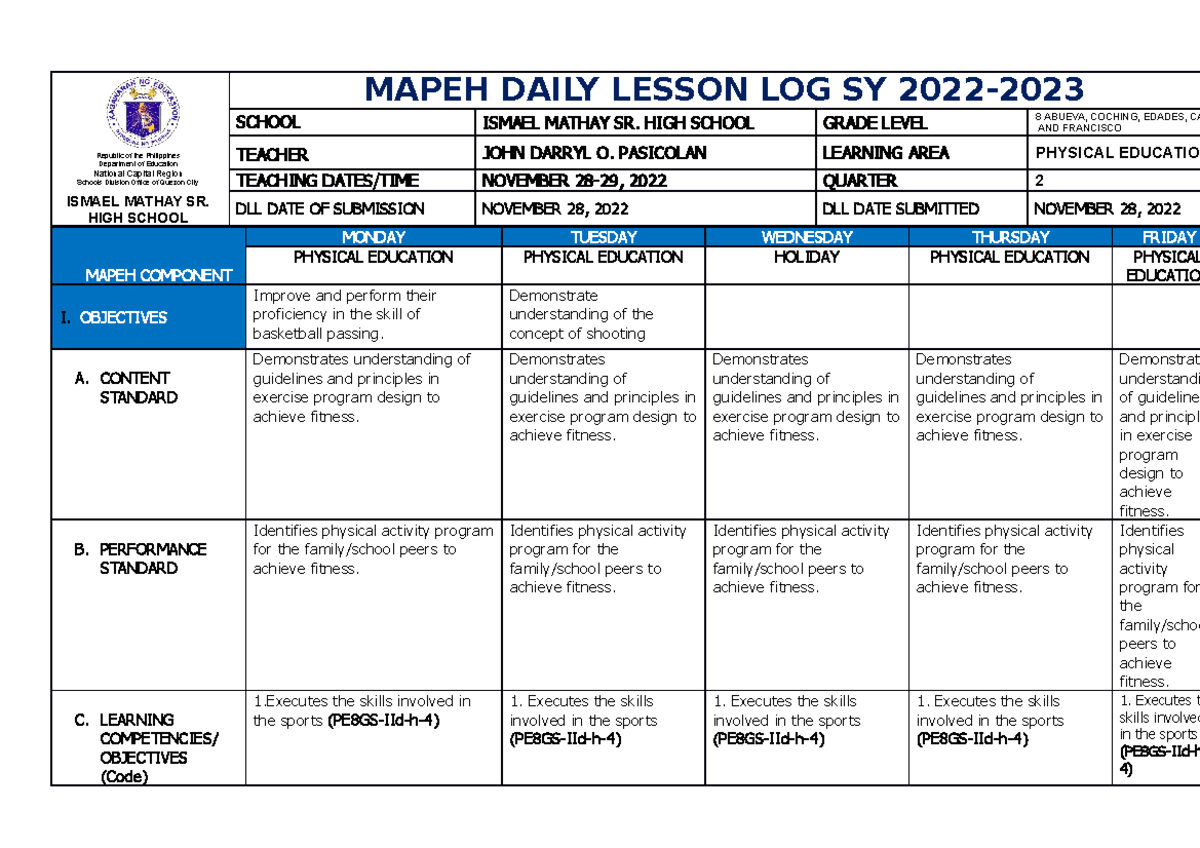 DLL- Template PE NOV 28-29 - Republic of the PhilippinesDepartment of ...