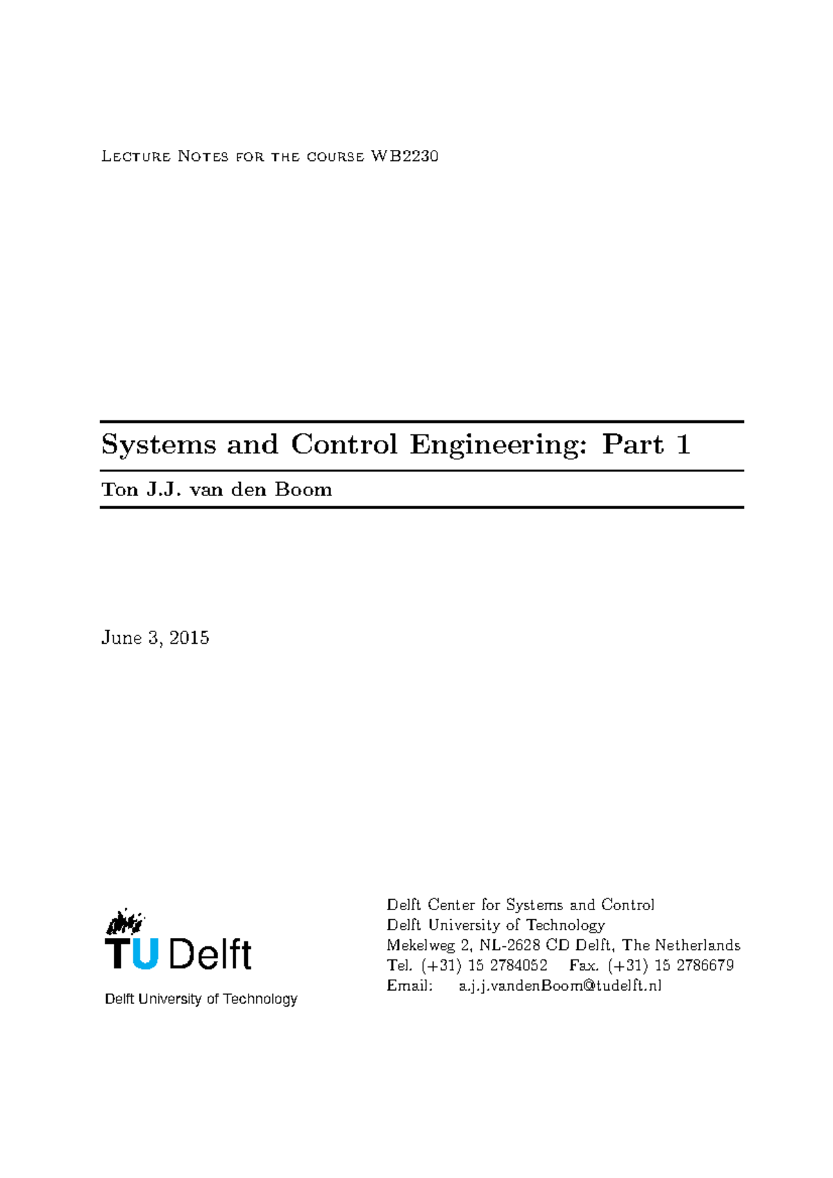 Systems and control engineering part 1 - Lecture Notes for the course ...