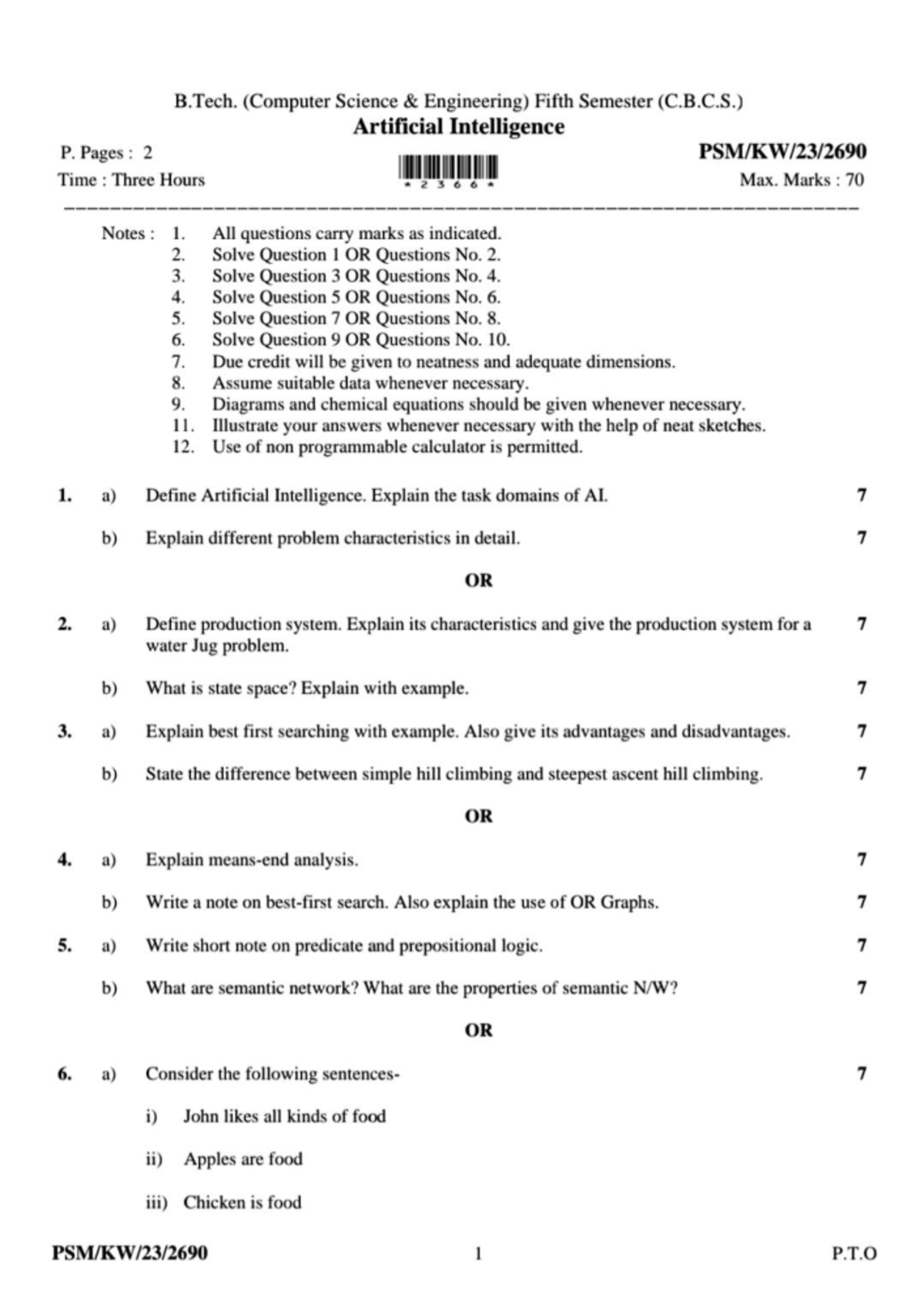 Artificial Intelligence PYQ - B. (Computer Science Engineering) Fifth Semester (C.B.C ...
