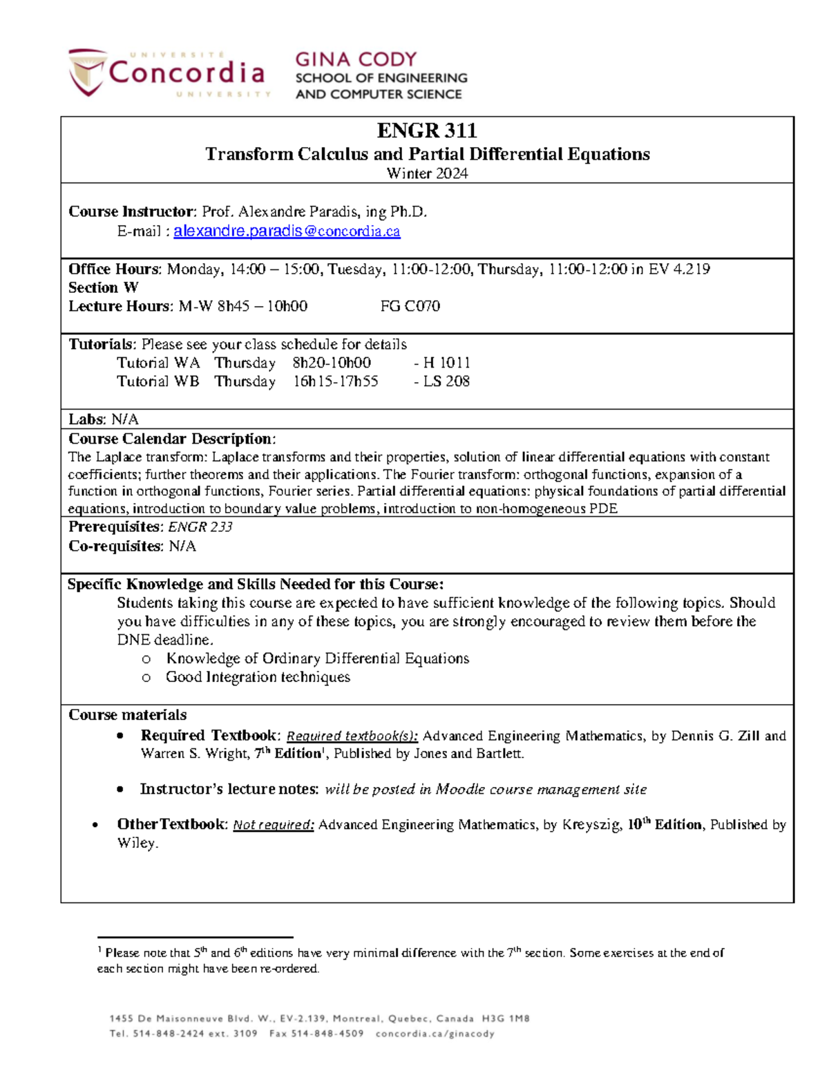 Course Outline Winter 2024 W - ENGR 311 Transform Calculus and Partial Differential Equations ...