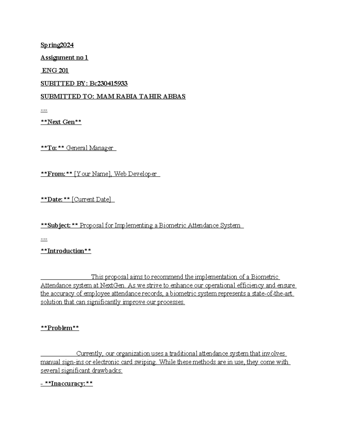 Spring 2024 assignment psy 502 - Spring Assignment no 1 ENG 201 SUBITTED BY: Bc SUBMITTED TO ...