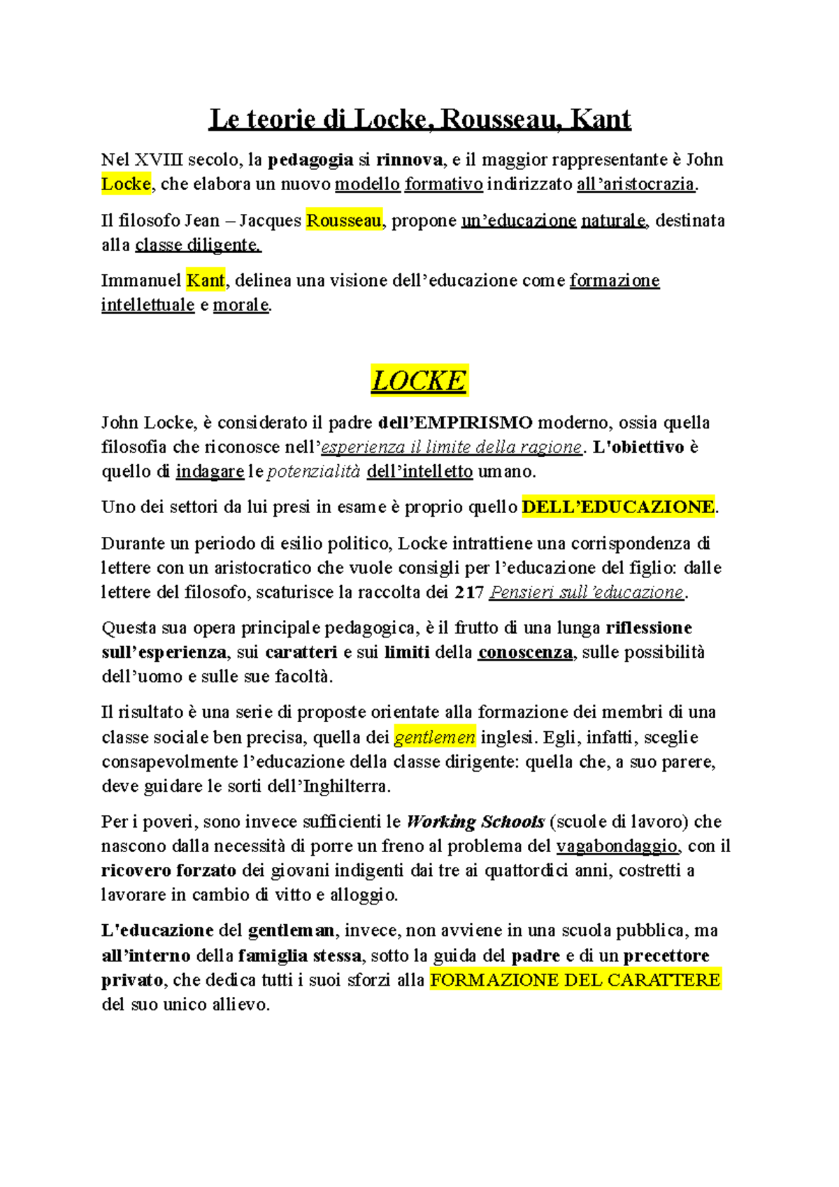 Locke, Rousseau, Kant - Appunti Corso Pedagogia - Le teorie di Locke ...