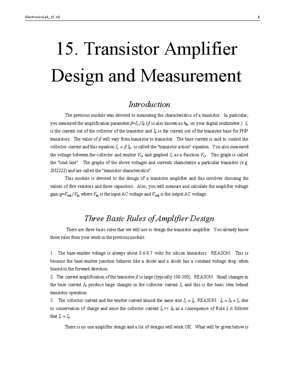 Electronics Lab 15 - Notes - 15. Transistor Amplifier Design and ...