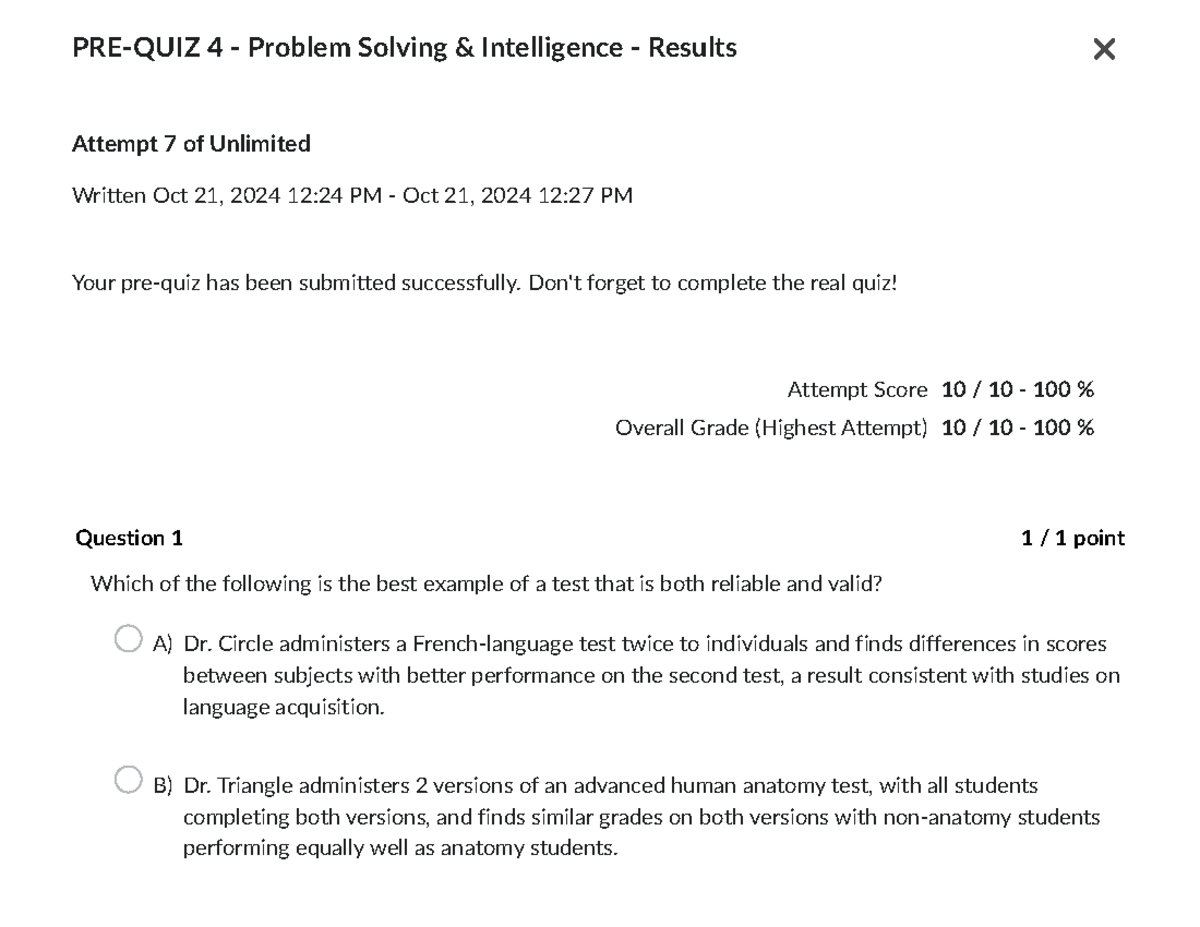 Psych 1X03-Problem Solving and Intelligence Practice Quiz - PRE-QUIZ 4 - Problem Solving & - Studocu