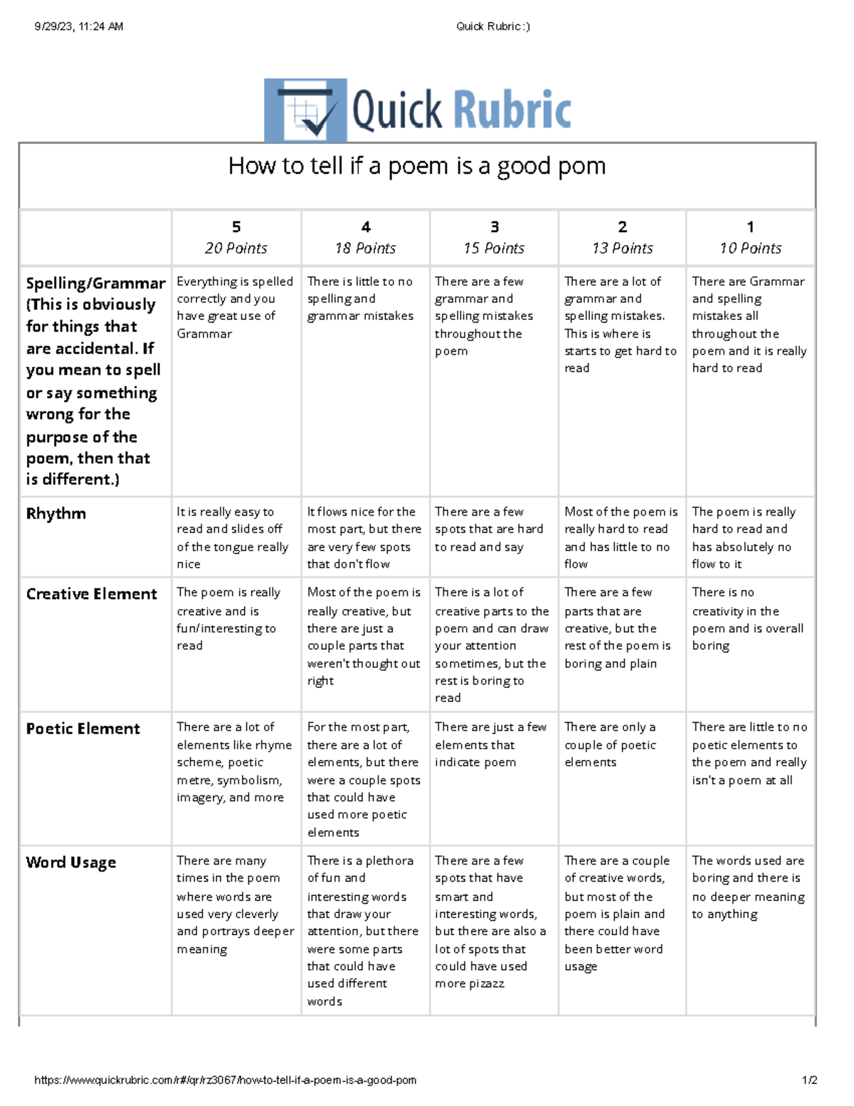 Quick Rubric ) - asdf - 9/29/23, 11:24 AM Quick Rubric :) - Studocu