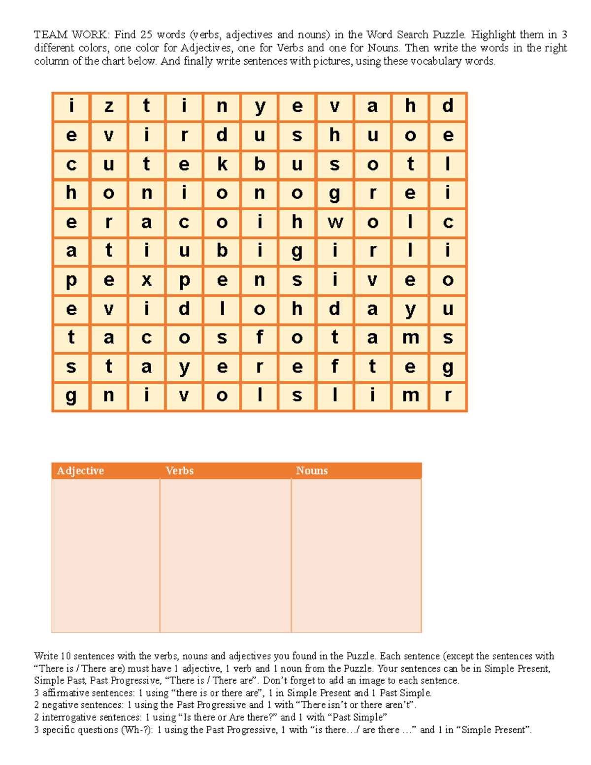 Adjectives, Verbs and Noun Word Search Puzzle with Sentences - TEAM ...