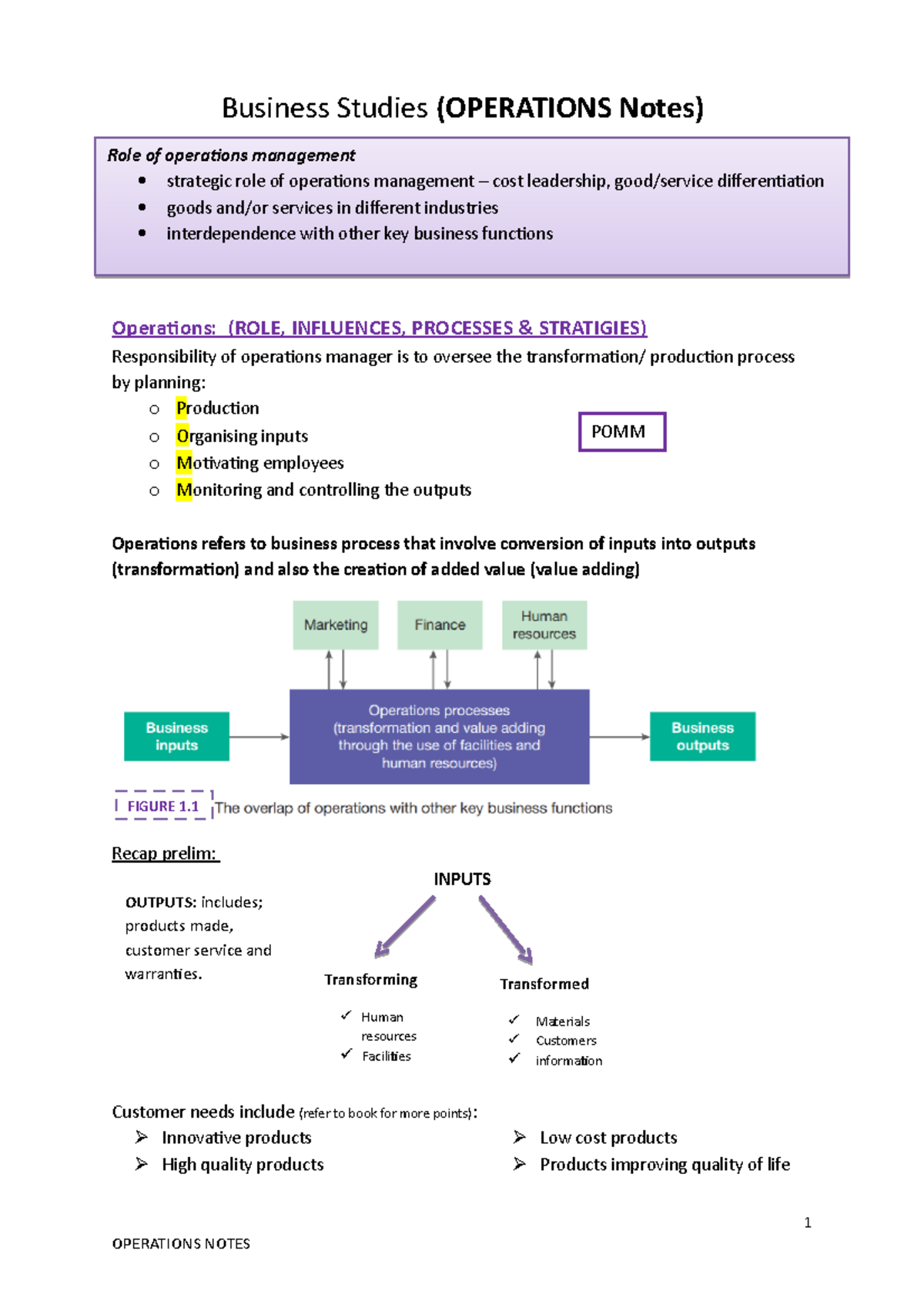 1.Operations Notes - Business Studies (OPERATIONS Notes) Operations ...