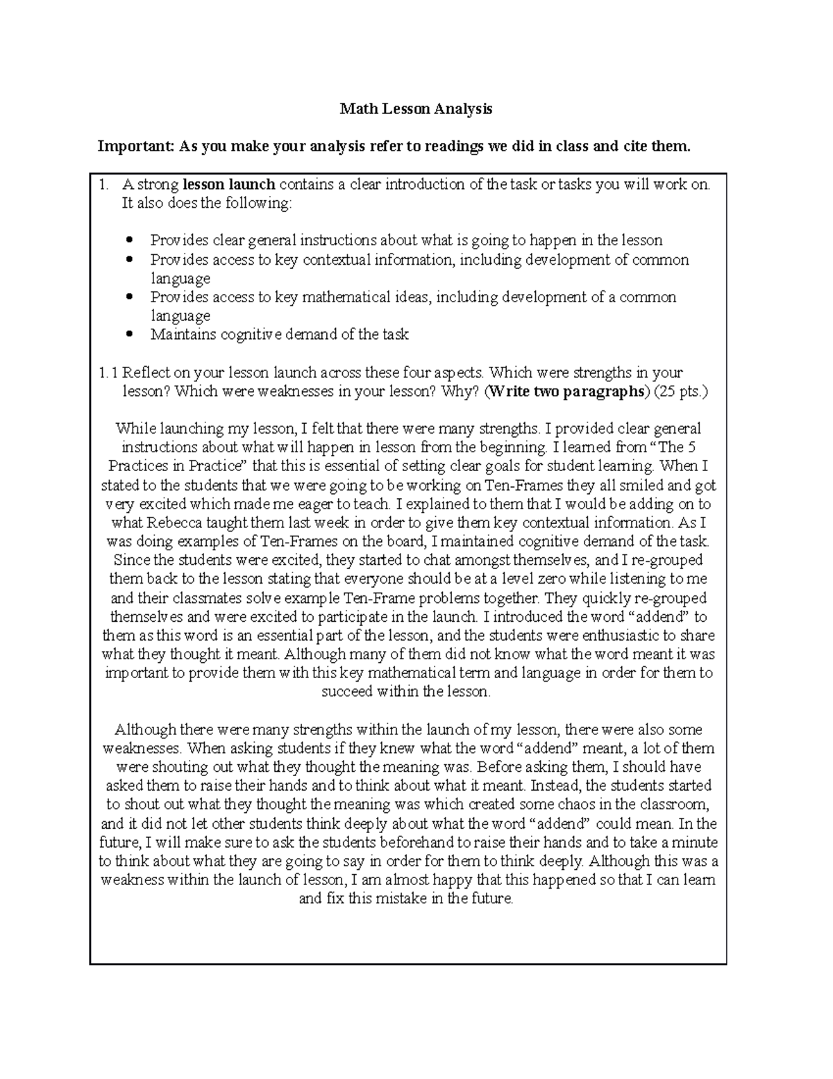 Video Analysis of Instruction Template - Math Lesson Analysis Important ...