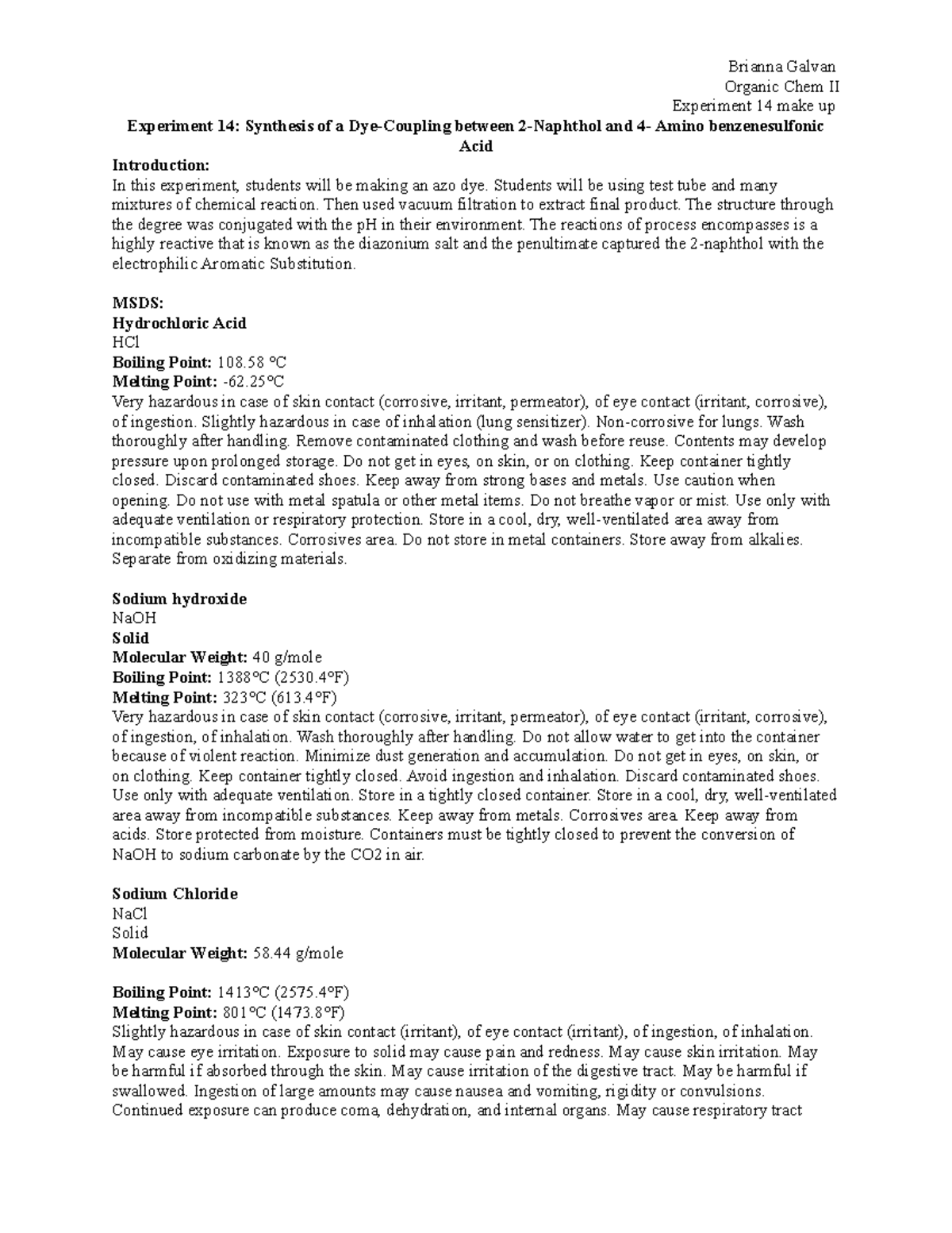 Experiment 14 - Lab report - Organic Chem II Experiment 14 make up ...