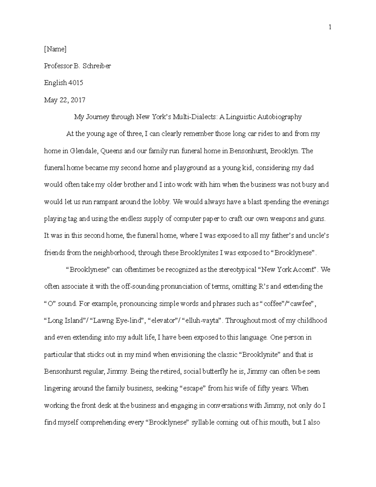 Literacy Autobiography example - Bensonhurst - [Name] Professor B ...