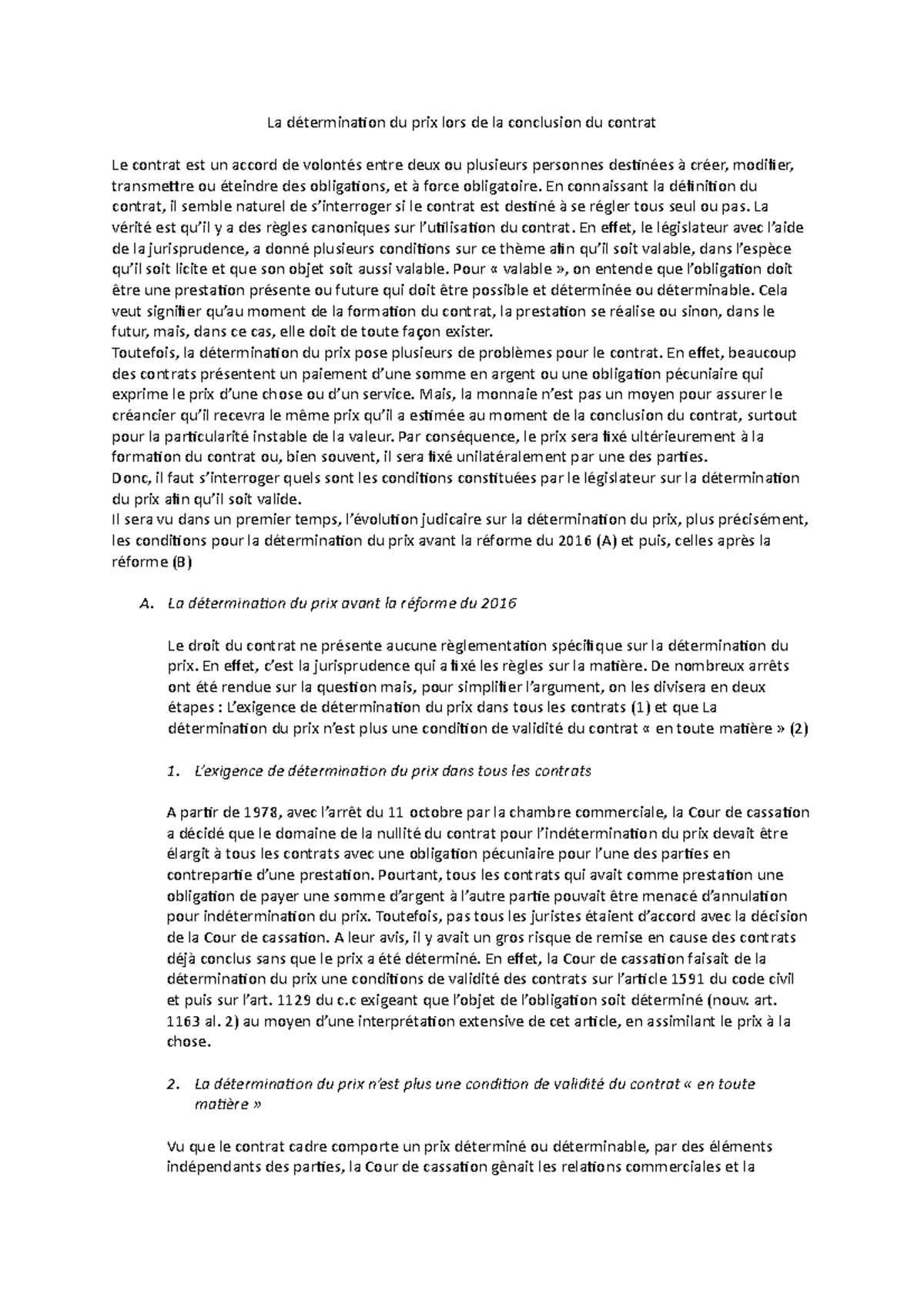 La détermination du prix lors de la conclusion du contrat - En ...