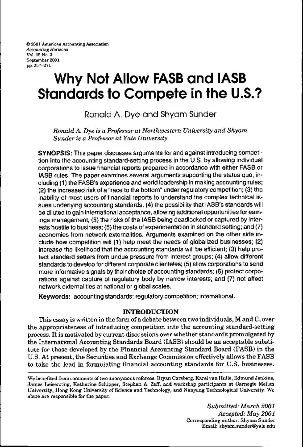 Dye and Sunder (2001 ) Why Not Allow FASB and IASB to Compete - © 2001 ...