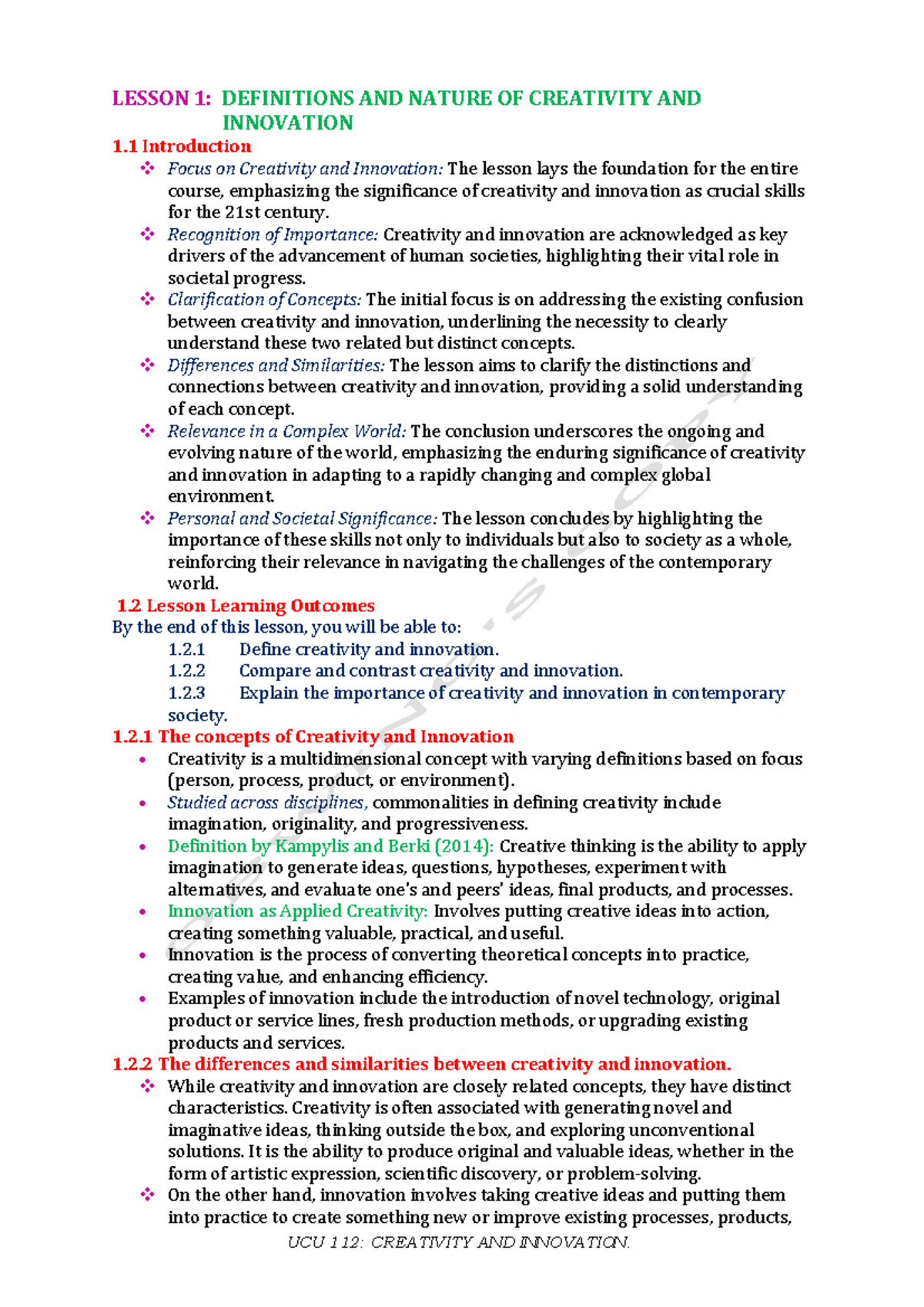 Creativity AND Innovation(4)-1 - LESSON 1: DEFINITIONS AND NATURE OF ...