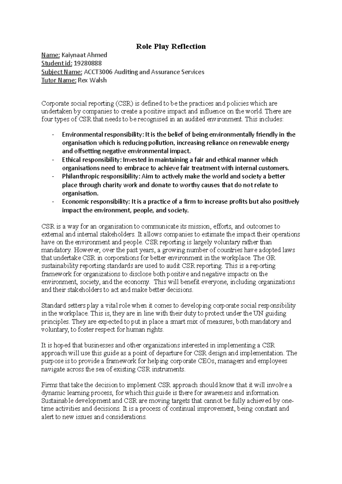 Role Play Reflection - Role Play Reflection Name: Kaiynaat Ahmed ...