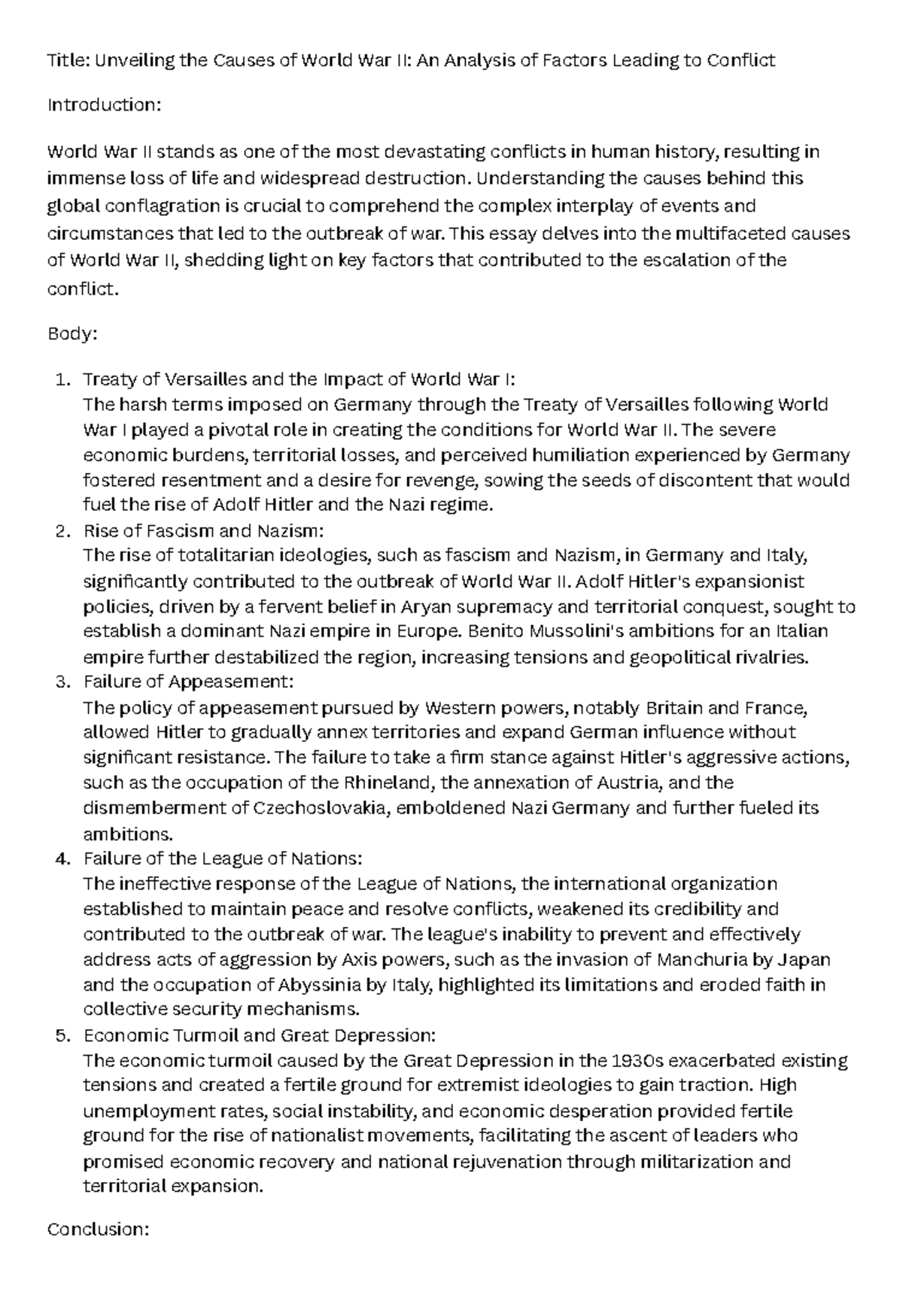 Title Unveiling the Causes of World War II An Analysis of Factors ...