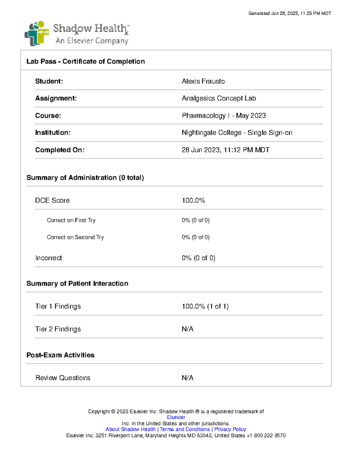 Lab pass _shadow health - Generated Jun 28, 2023, 11:25 PM MDT Lab Pass ...