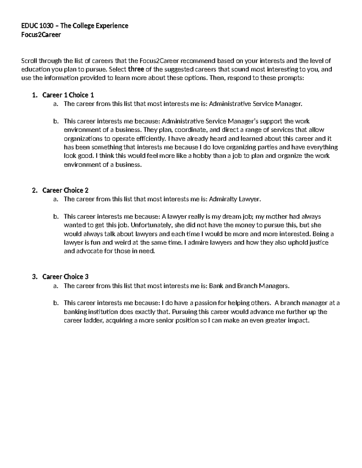 Career Interest Worksheet Focus 2Career - EDUC 1030 – The College ...