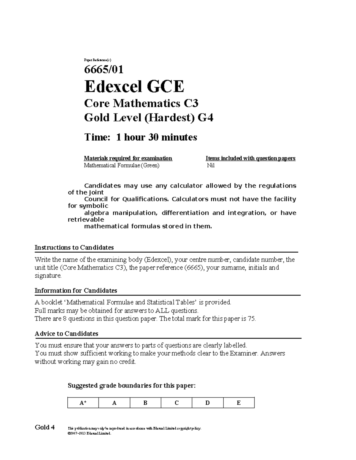C3-gold-4 - c3 gold practise paper - Paper Reference(s) 6665/ Edexcel ...