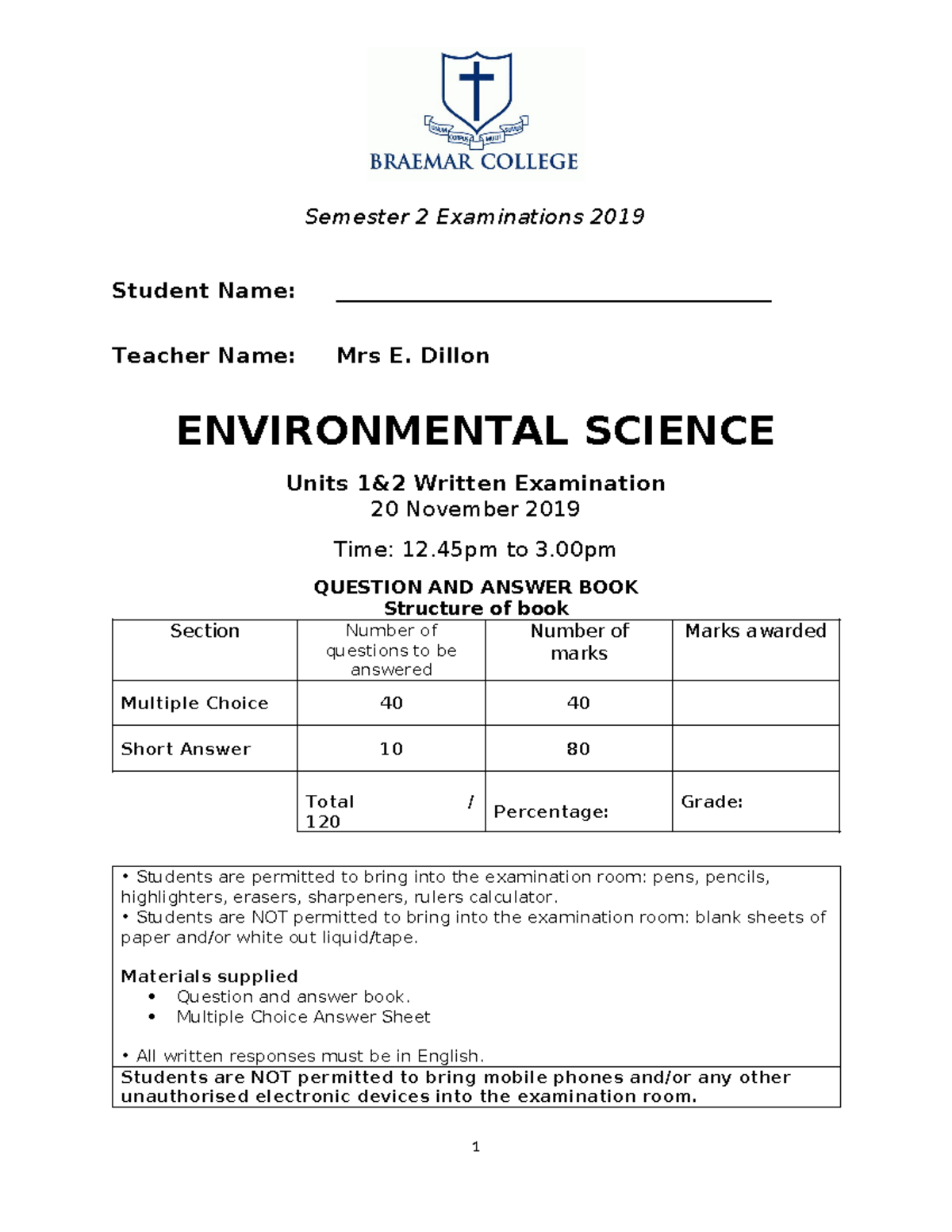 Environmental Science Unit 1&2 Exam 2019 - Semester 2 Examinations 2019 ...