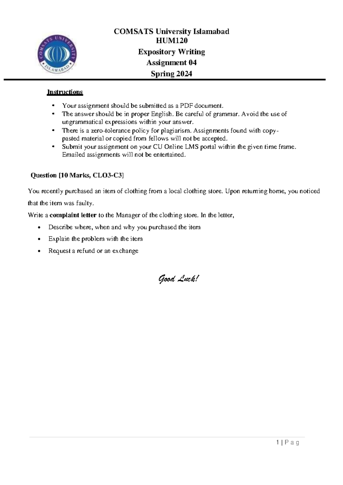 SP24 HUM120 A4 - assignment 4 - 1 | P a g e COMSATS University ...