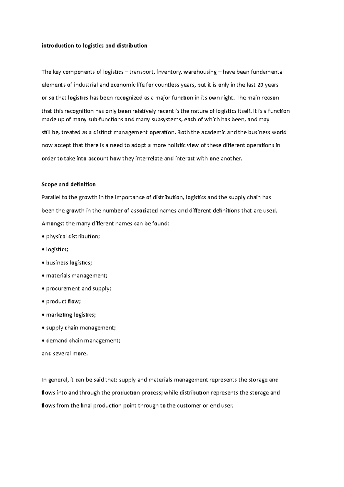 Sdadasda - yes - introduction to logistics and distribution The key ...