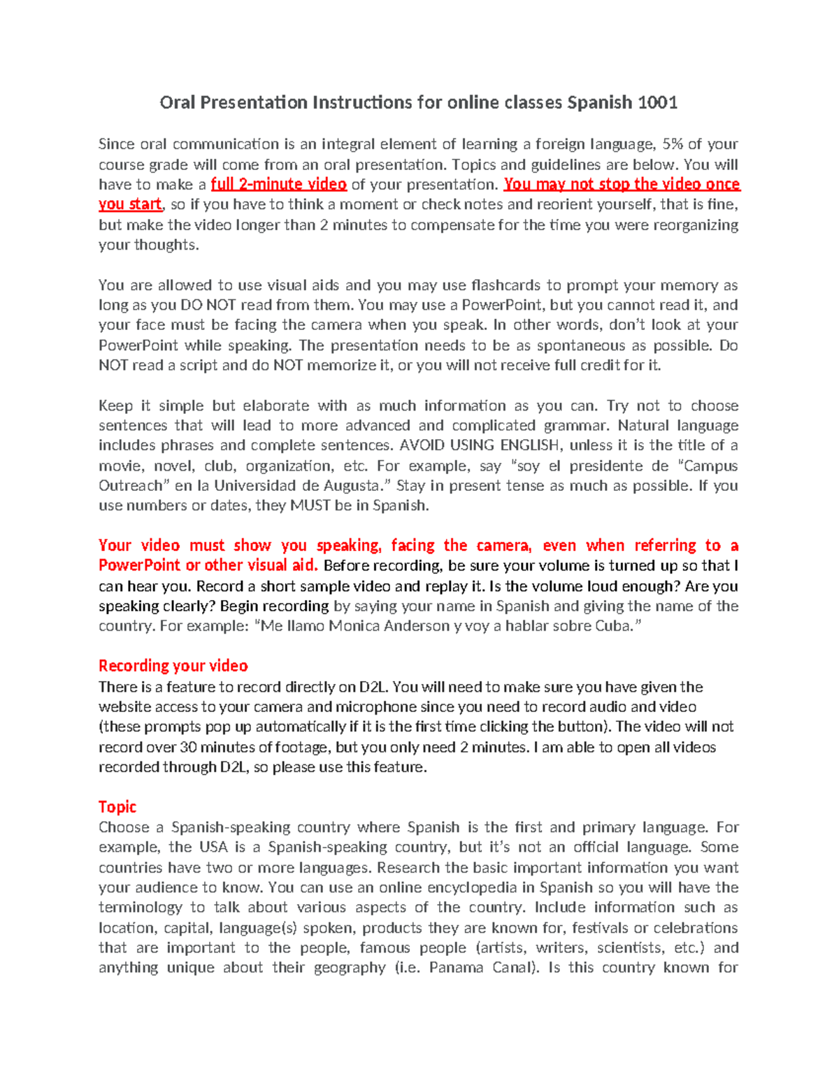 Oral Presentation Instructions for online classes Spanish 1001 - Topics ...