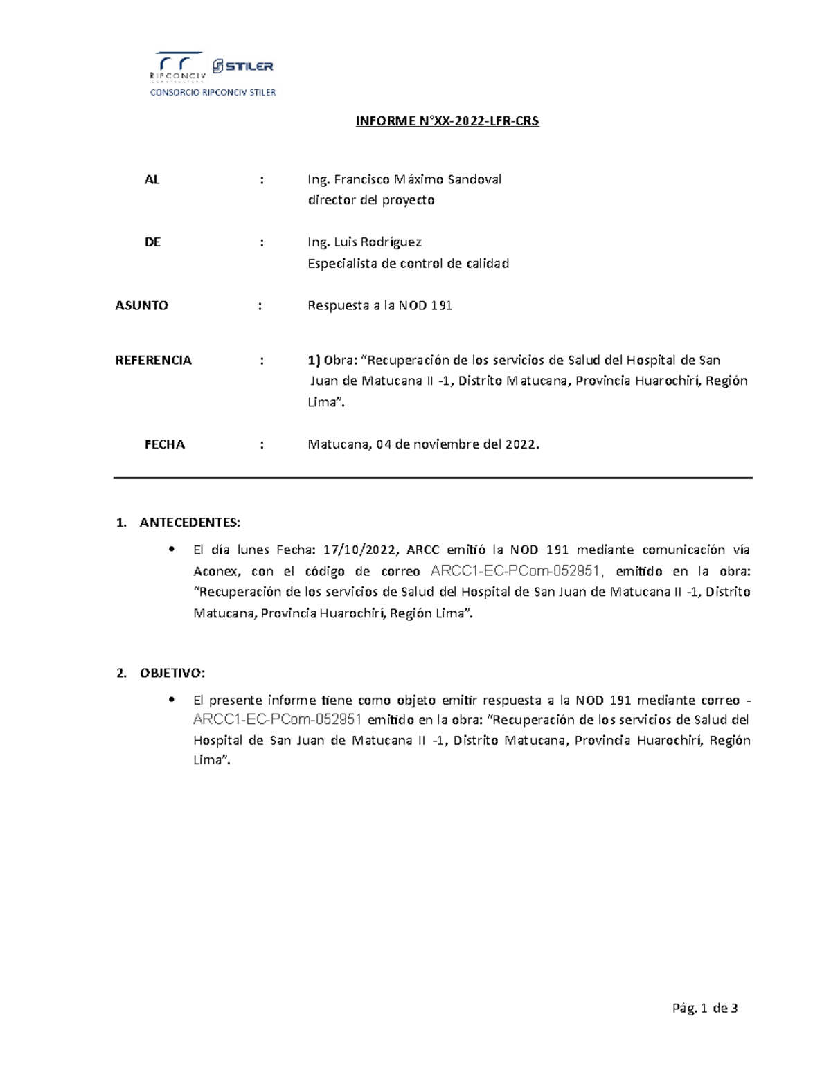 Respuesta a la NOD 191 - hhhhhh - INFORME N°XX-2022-LFR-CRS AL : Ing ...