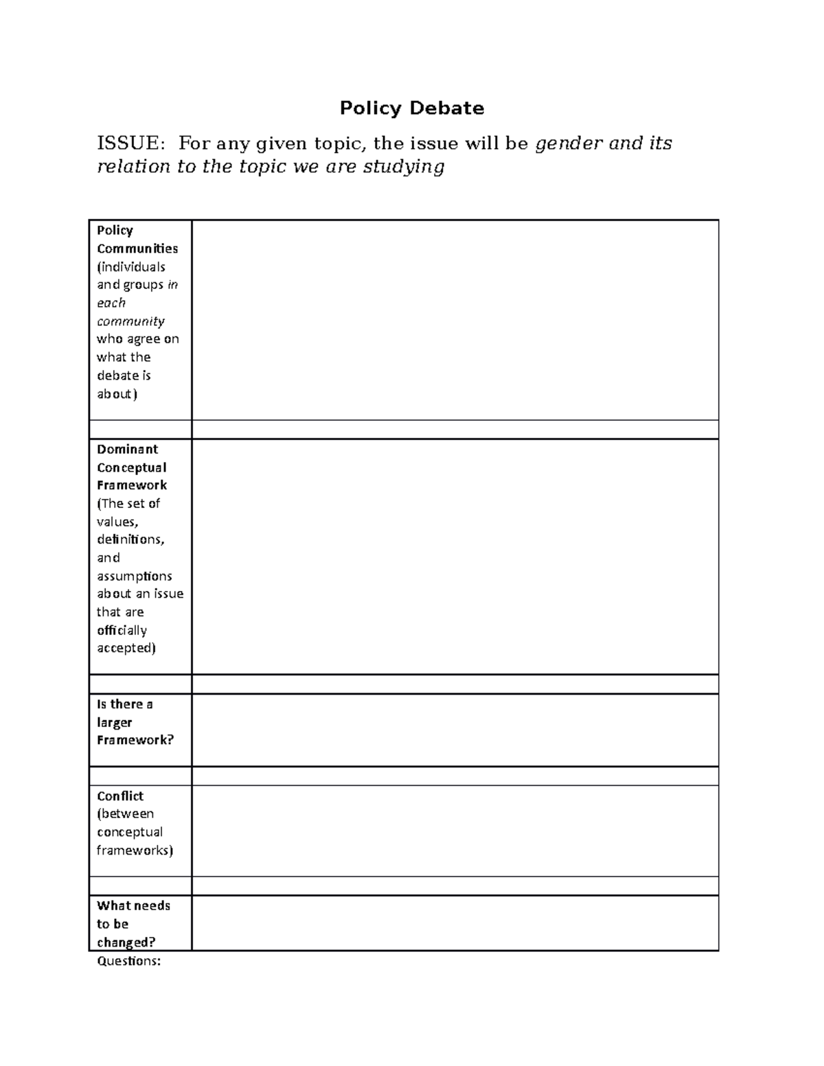 Policy Debate grid-template - Policy Debate ISSUE: For any given topic ...