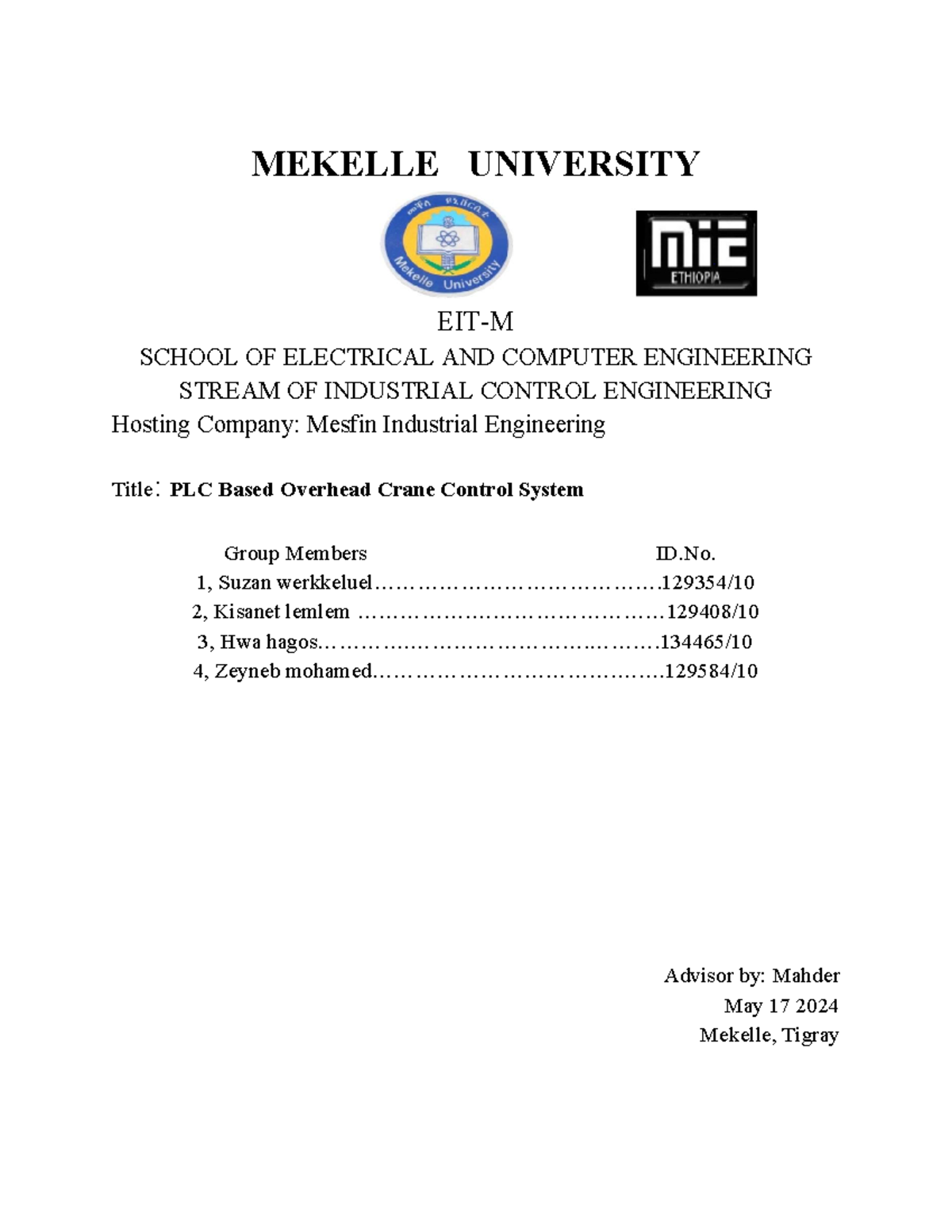 Mesfin apparent project - MEKELLE UNIVERSITY EIT-M SCHOOL OF ELECTRICAL ...