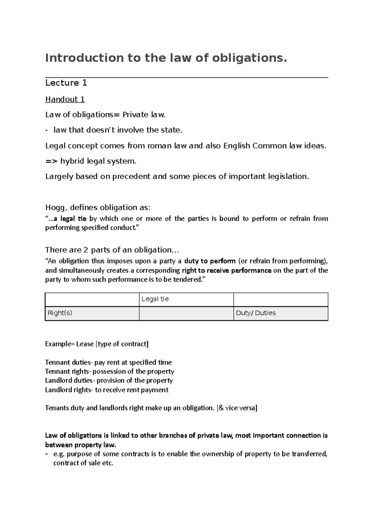 Handout 1 - Obligations 1 - Introduction to the law of obligations ...