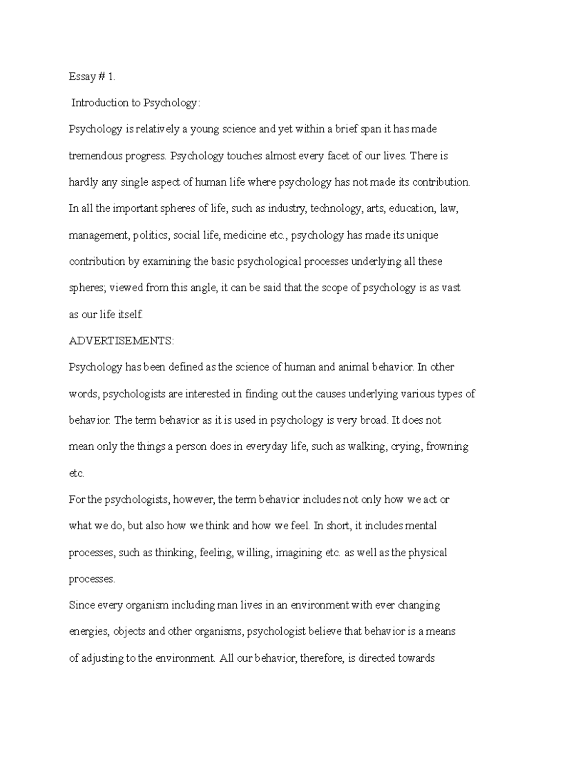 Psych Essay 1 - Essay # 1. Introduction to Psychology: Psychology is ...